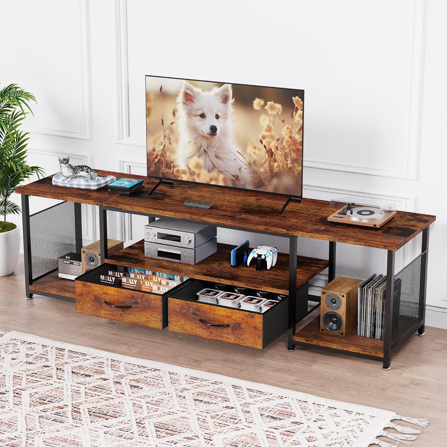 TV Stand with Fabric Drawers and Open Storage Shelves for 75 70 65 Inch ...