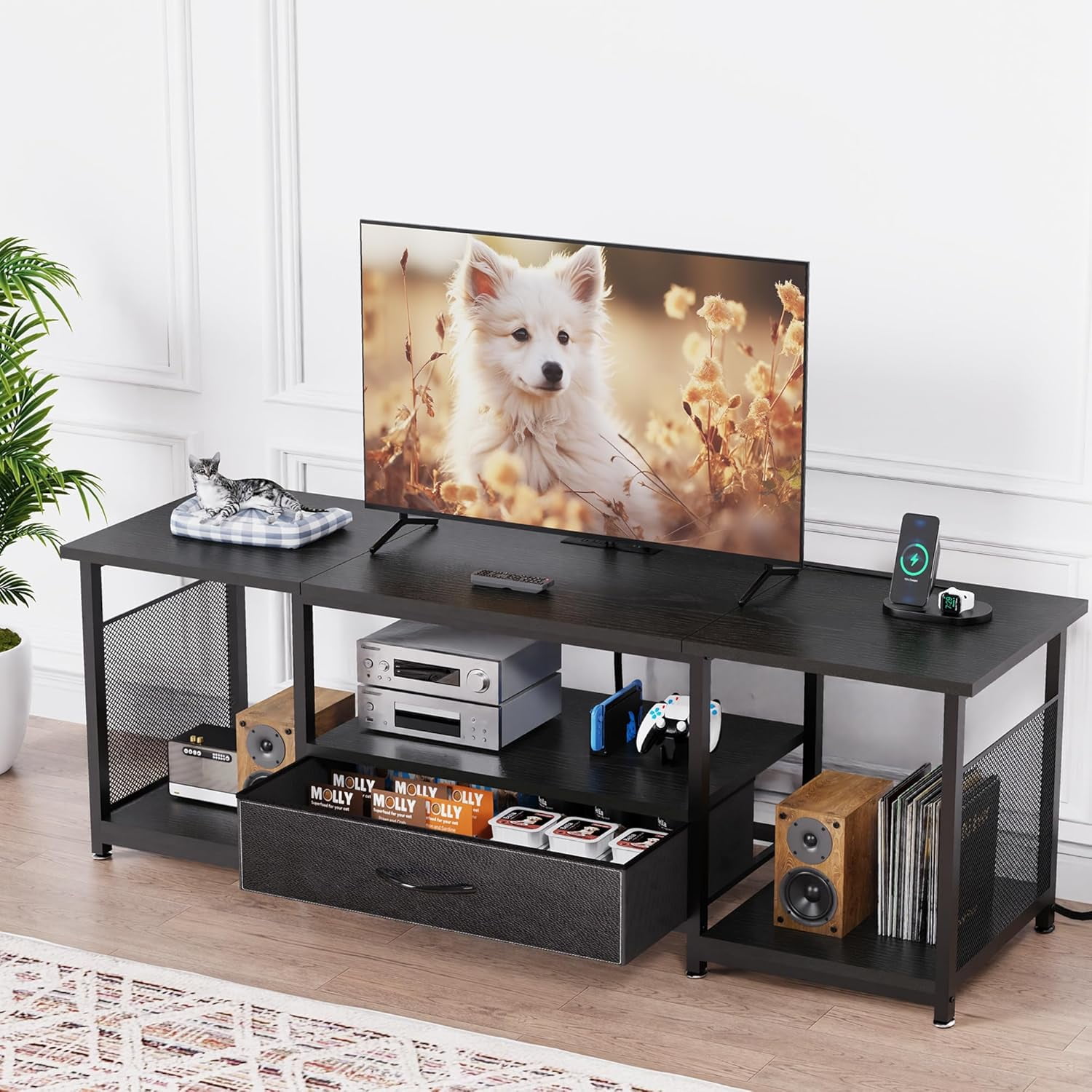 TV Stand with Fabric Drawers and Power Outlet for 65 60 55 Inch TV ...