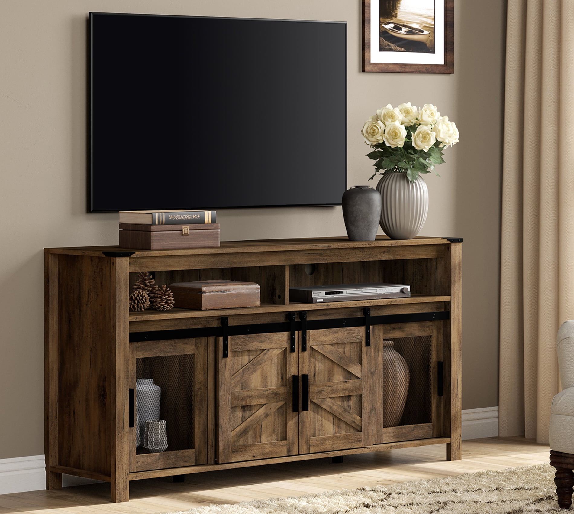 TV Stand Farmhouse Entertainment Center for TVs Up to 65 inch, Wood TV ...