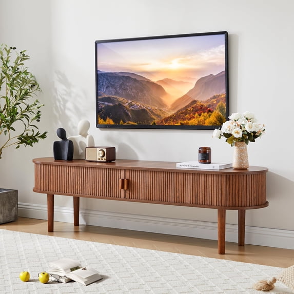 TV Stand, Fully Assembled Fluted Media Console Table with Sliding Doors ...