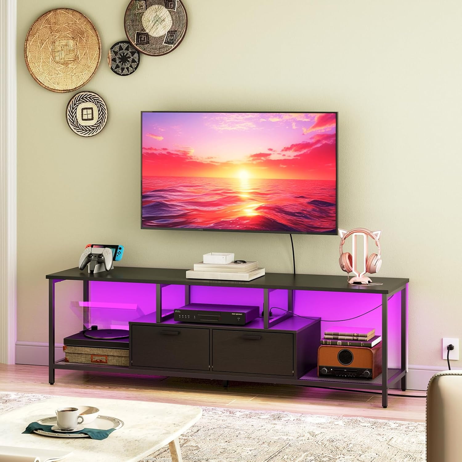 TV Stand with LED Light and Power Outlets for TVs up to 65 Inch, TV ...