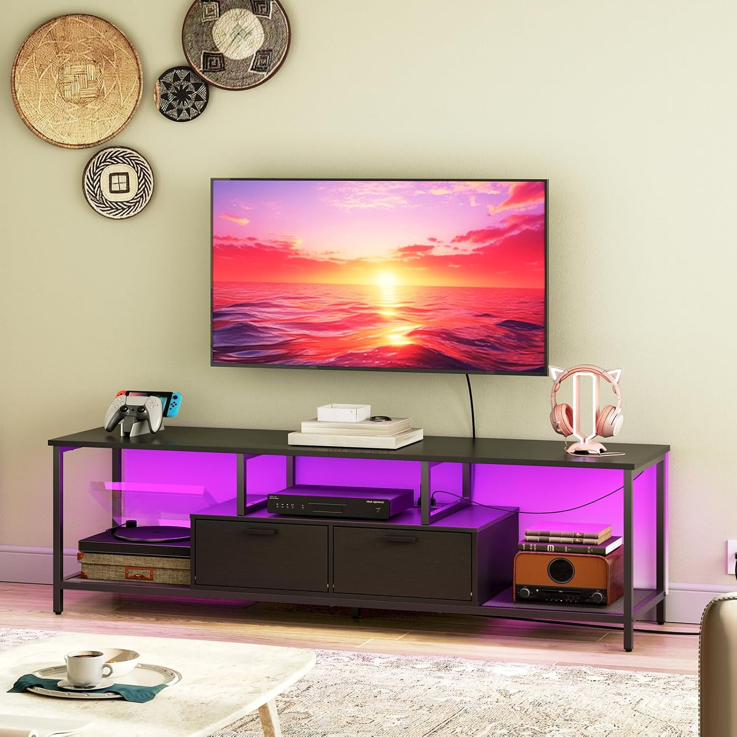 TV Stand with LED Light and Power Outlets for TVs up to 75 Inch, TV ...