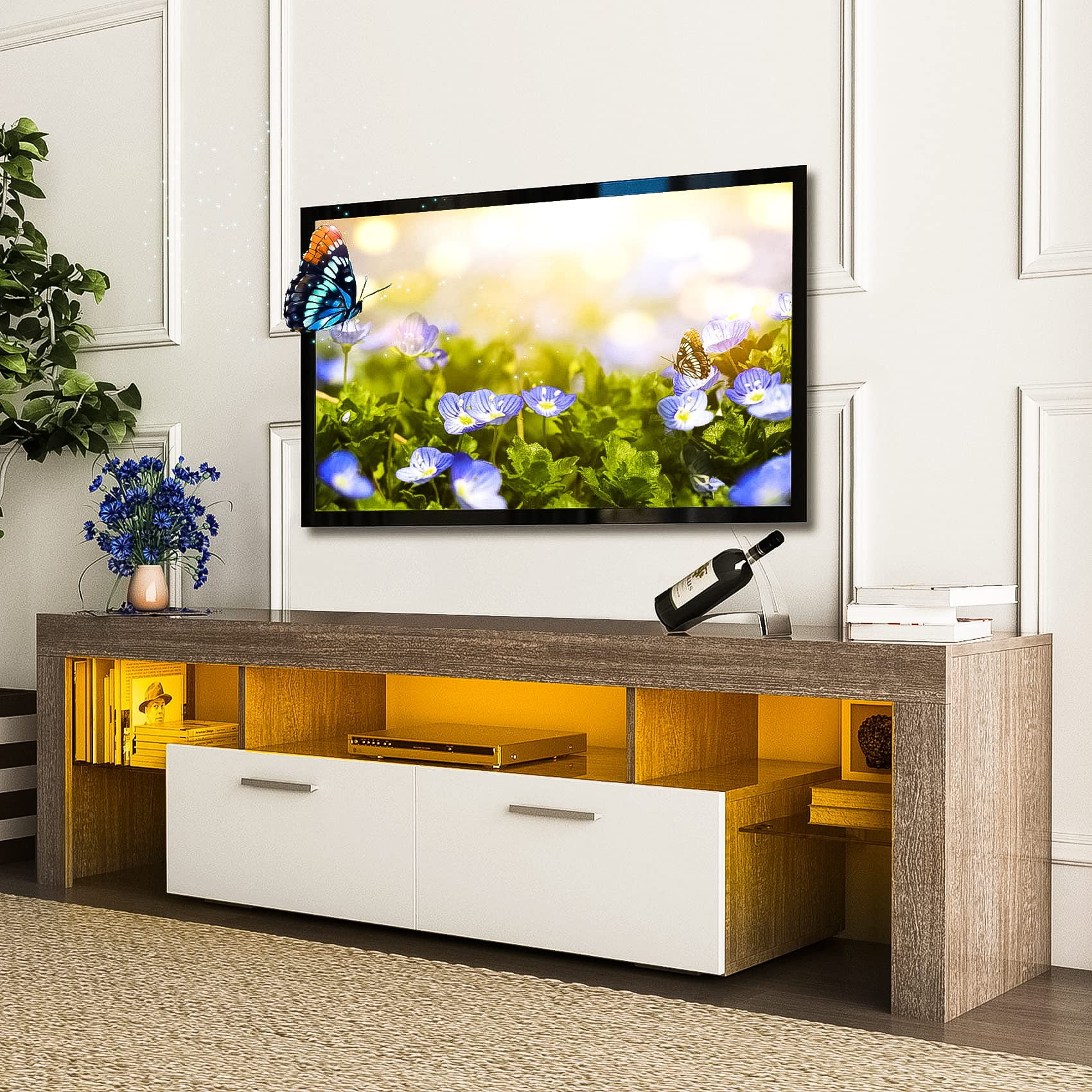 TV Stand with LED Lights for 70 Inch TV, Gaming Entertainment Center ...
