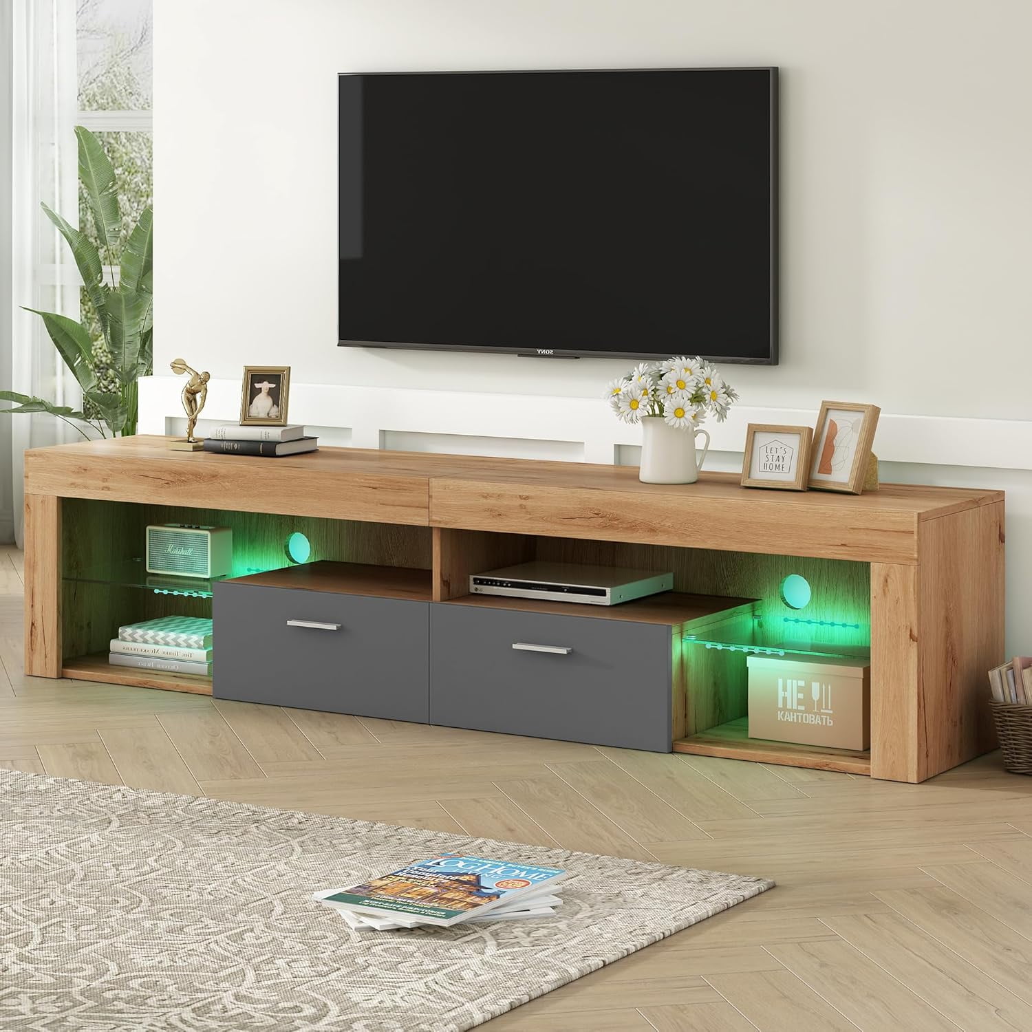 TV Stand with LED Lights, Modern Entertainment Center with 2 Doors ...