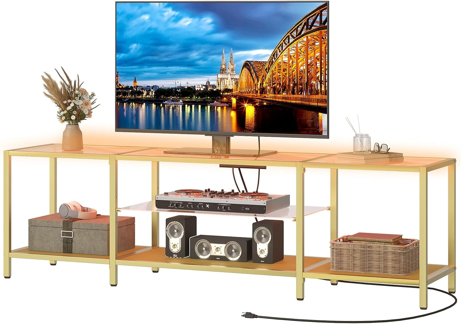 TV Stand with LED Lights and Power Outlets for TVs up to 75", Modern 70 ...