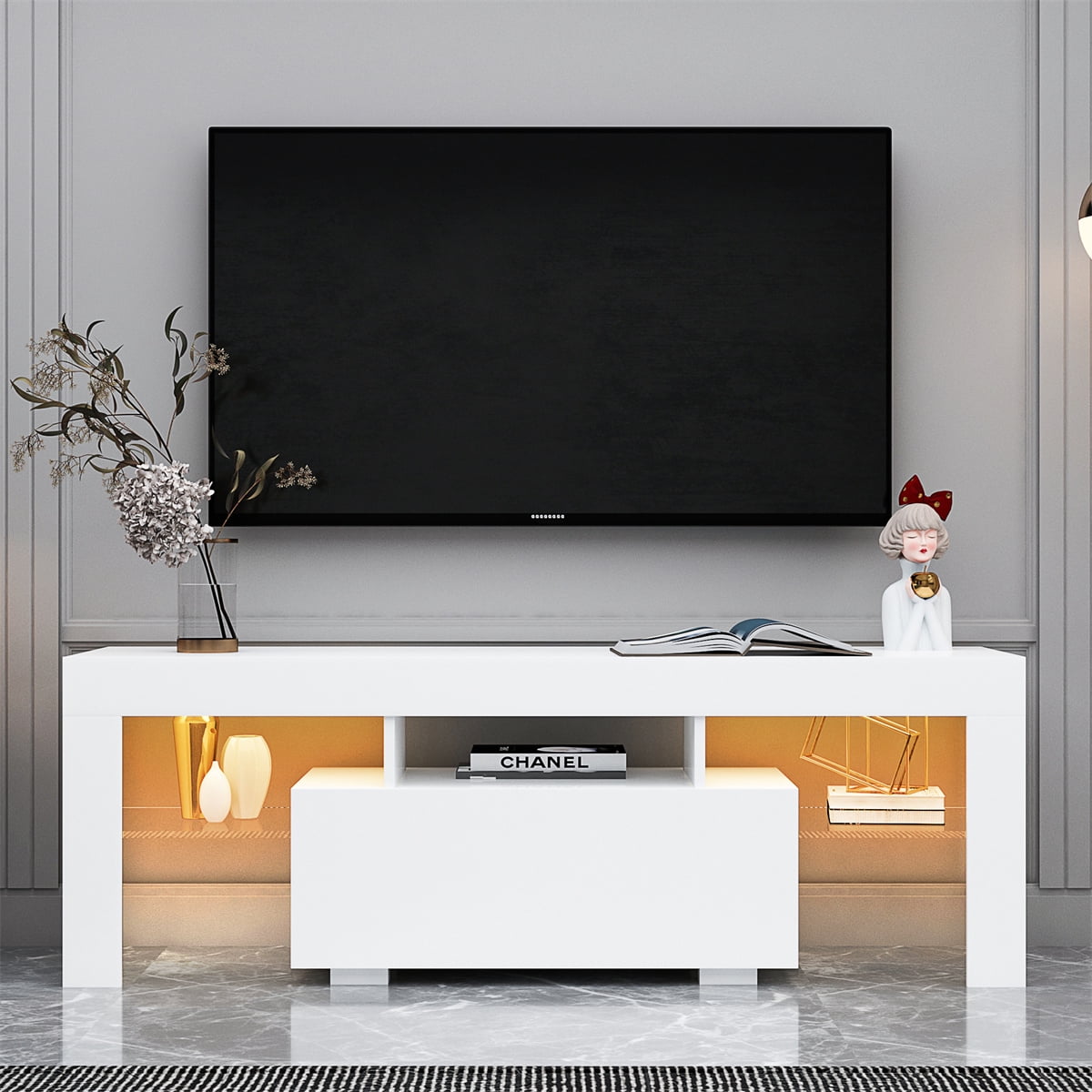 TV Stand with LED RGB Lights, Flat Screen TV Cabinet High Gloss Gaming ...