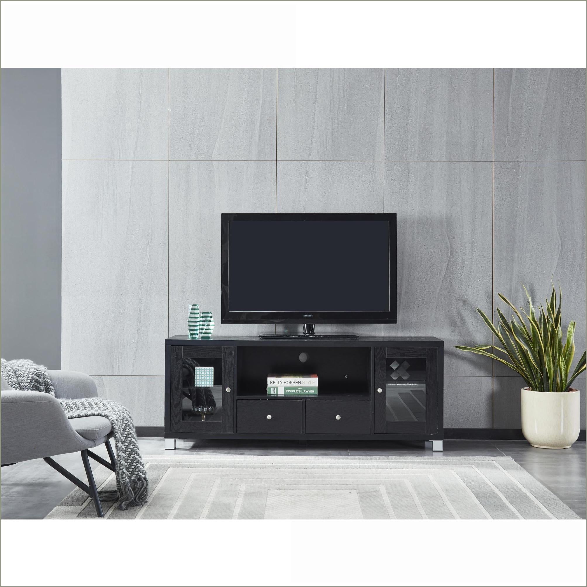 TV Stand Media Console, Modern Black Wood Grain | MDF & Metal ...