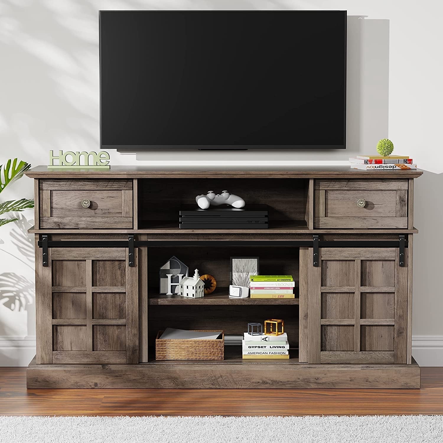 TV Stand, Modern Farmhouse Barn Door Wood Entertainment Center TV ...