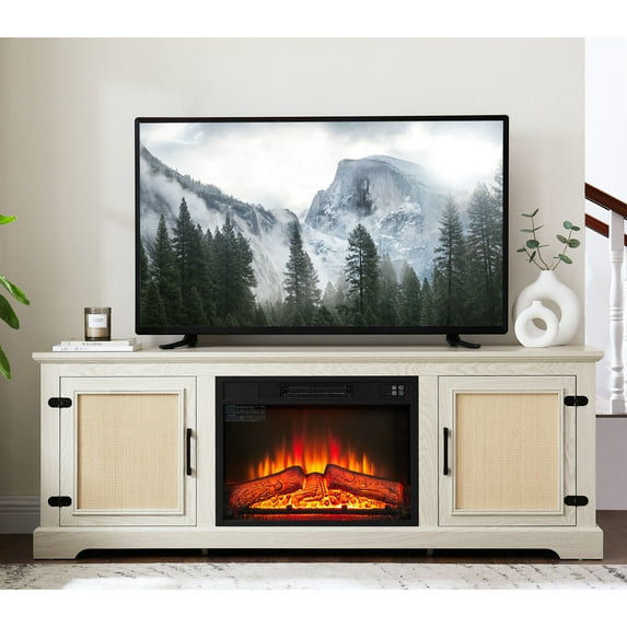 TV Stand with Natural Rattan | 70-Inch TV Capacity, Fireplace for ...