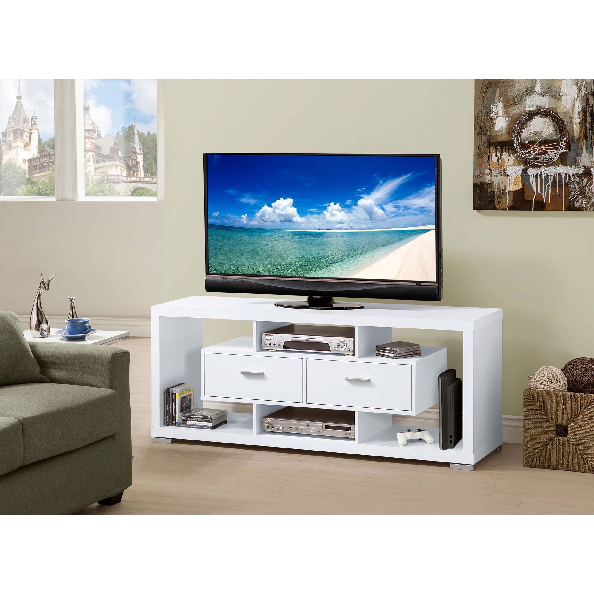 TV Stand, Ozawa White 2-Drawer Engineered Wood TV Stand, White Entertainment Center,Mdf Media ...