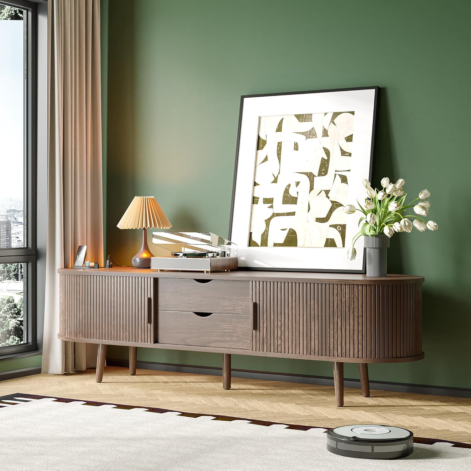 TV Stand with Power Outlet, Mid-Century Modern Television Stand, Media ...