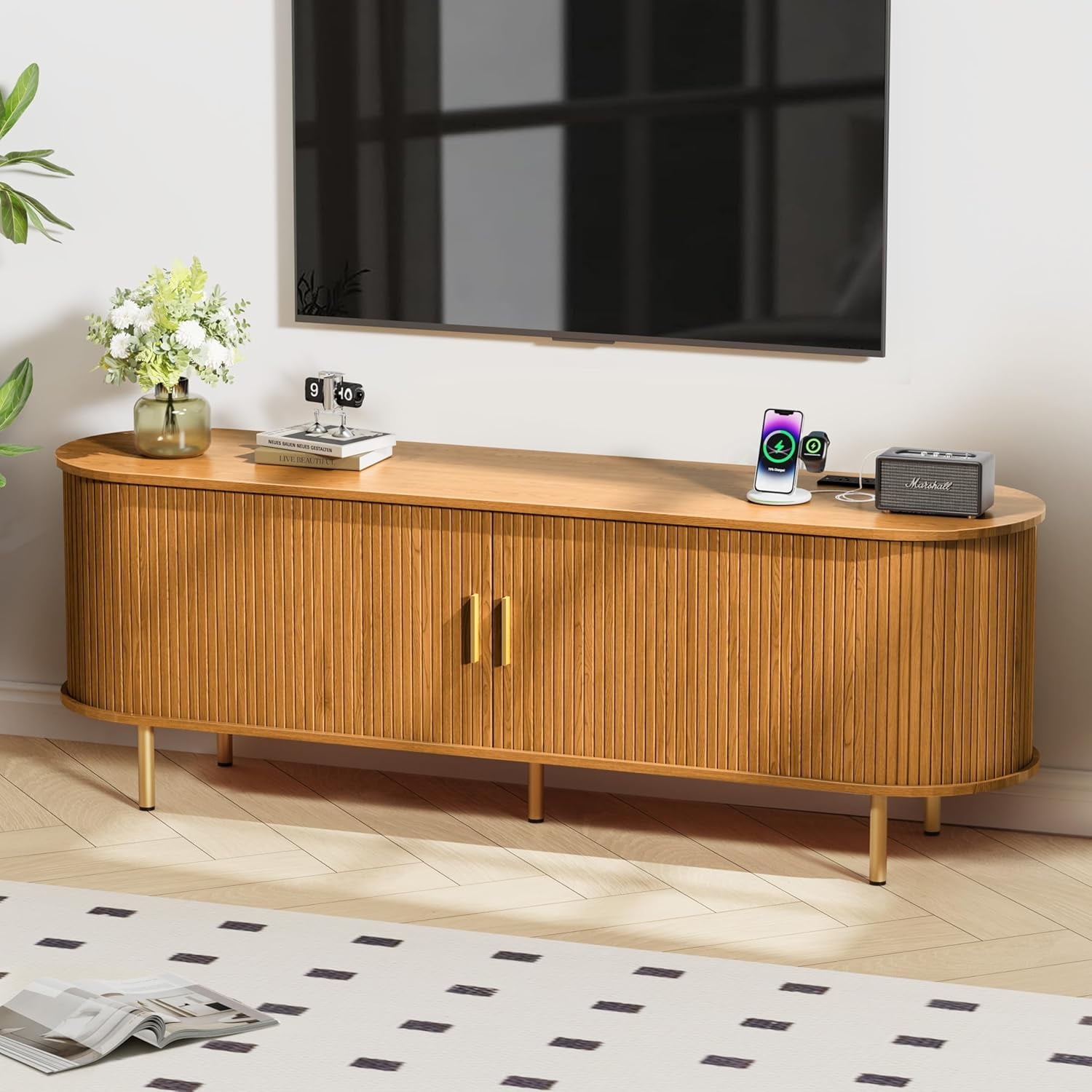 TV Stand with Power Outlet, Mid-Century Modern Television Stand, Media ...