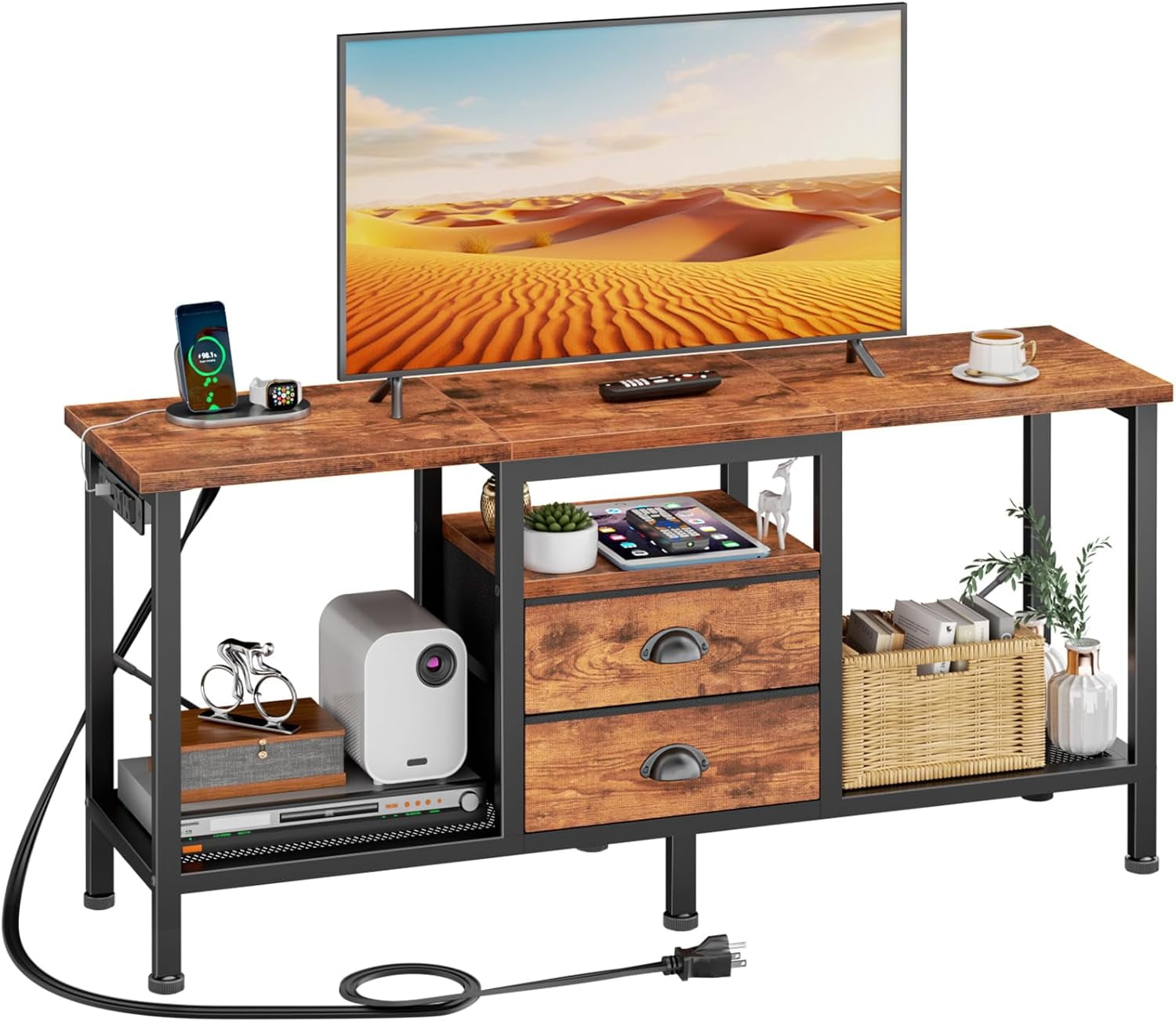 TV Stand with Power Outlets and 2 Fabric Drawers, 42 Inch Small ...