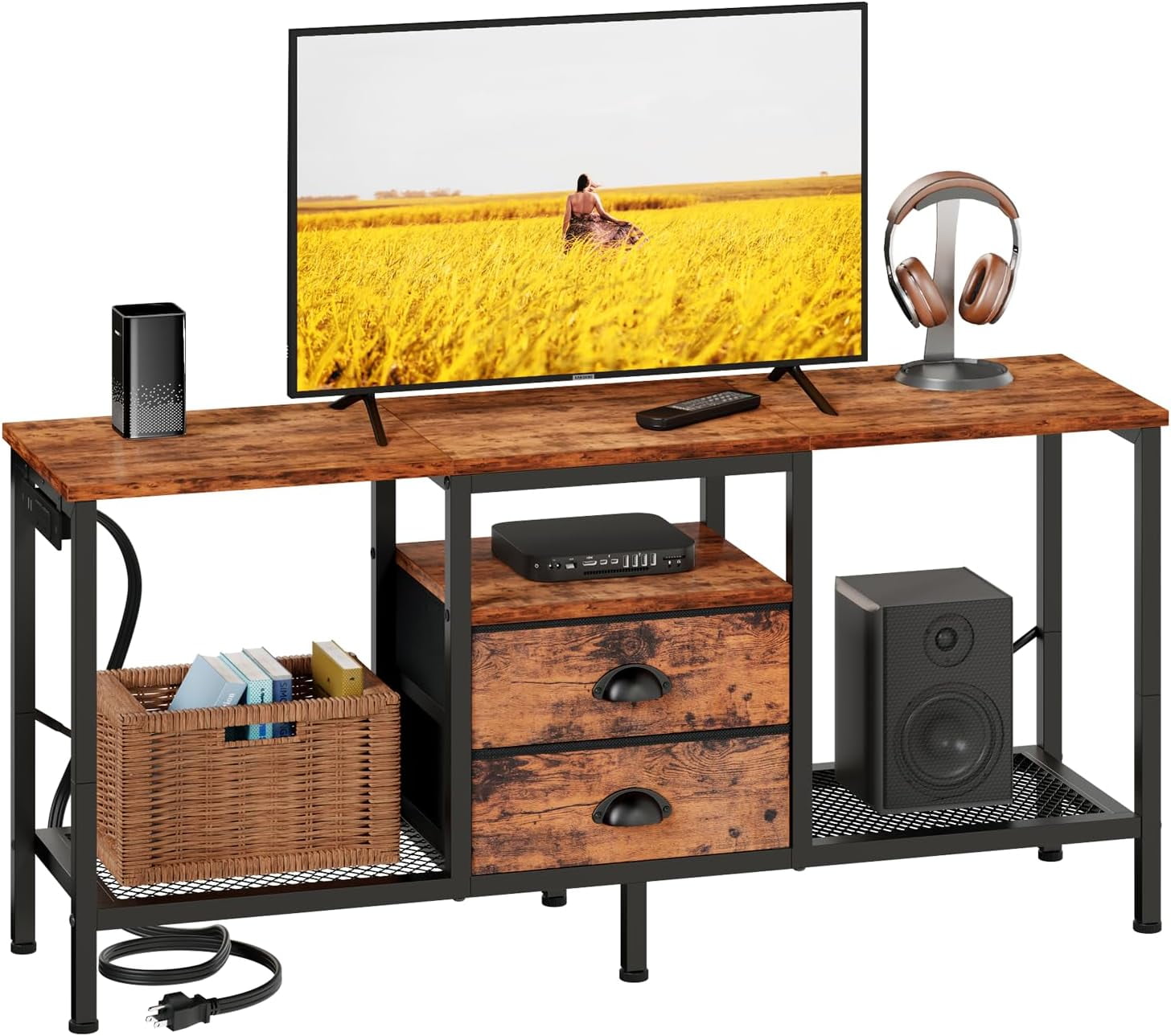 TV Stand with Power Outlets and 2 Fabric Drawers, 42 Inch Small ...