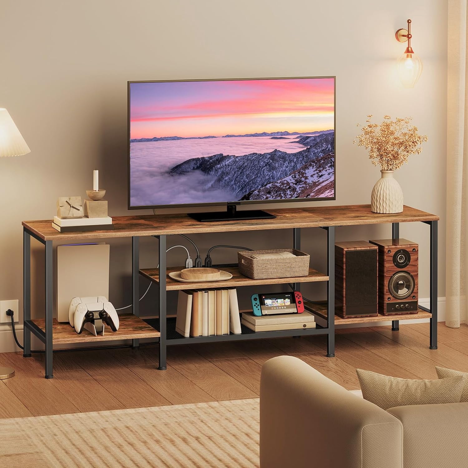 TV Stand with Power Outlets to 65 Inches, TV Console Table with Open ...