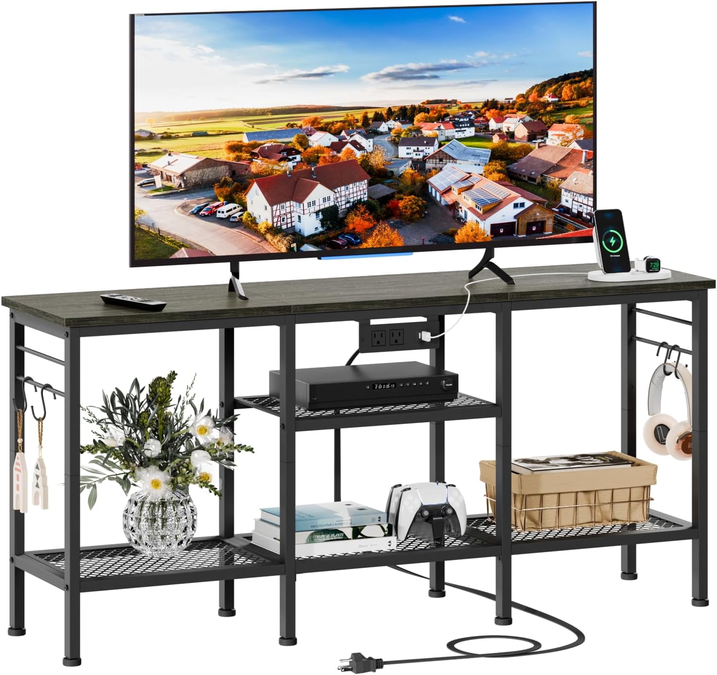 TV Stand with Power Outlets, Entertainment Center with Open Storage ...