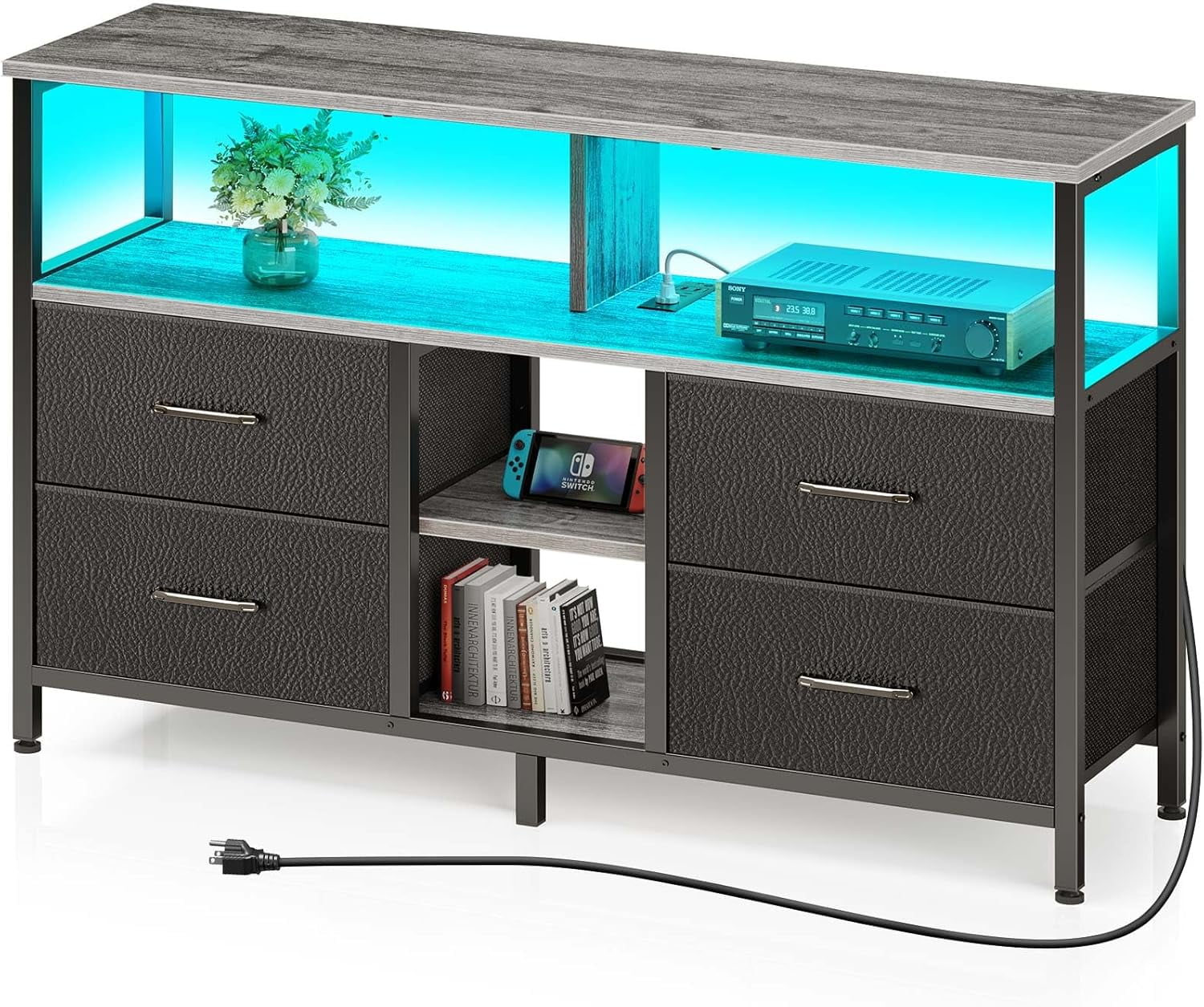 TV Stand with Power Outlets and LED Light, 4 Fabric Drawers ...