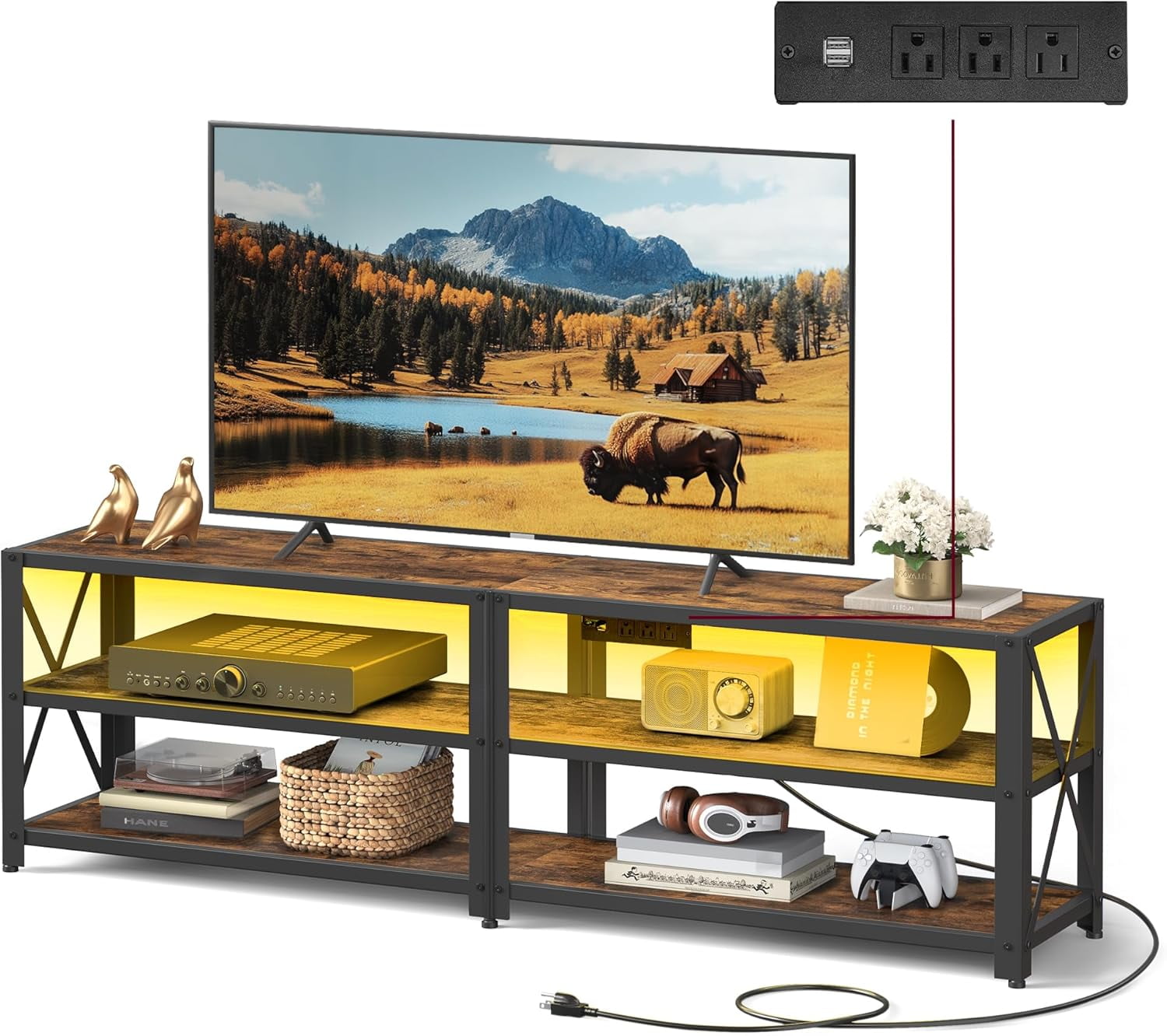TV Stand with Power Outlets and LED Lights, for TVs up to 65 Inches ...