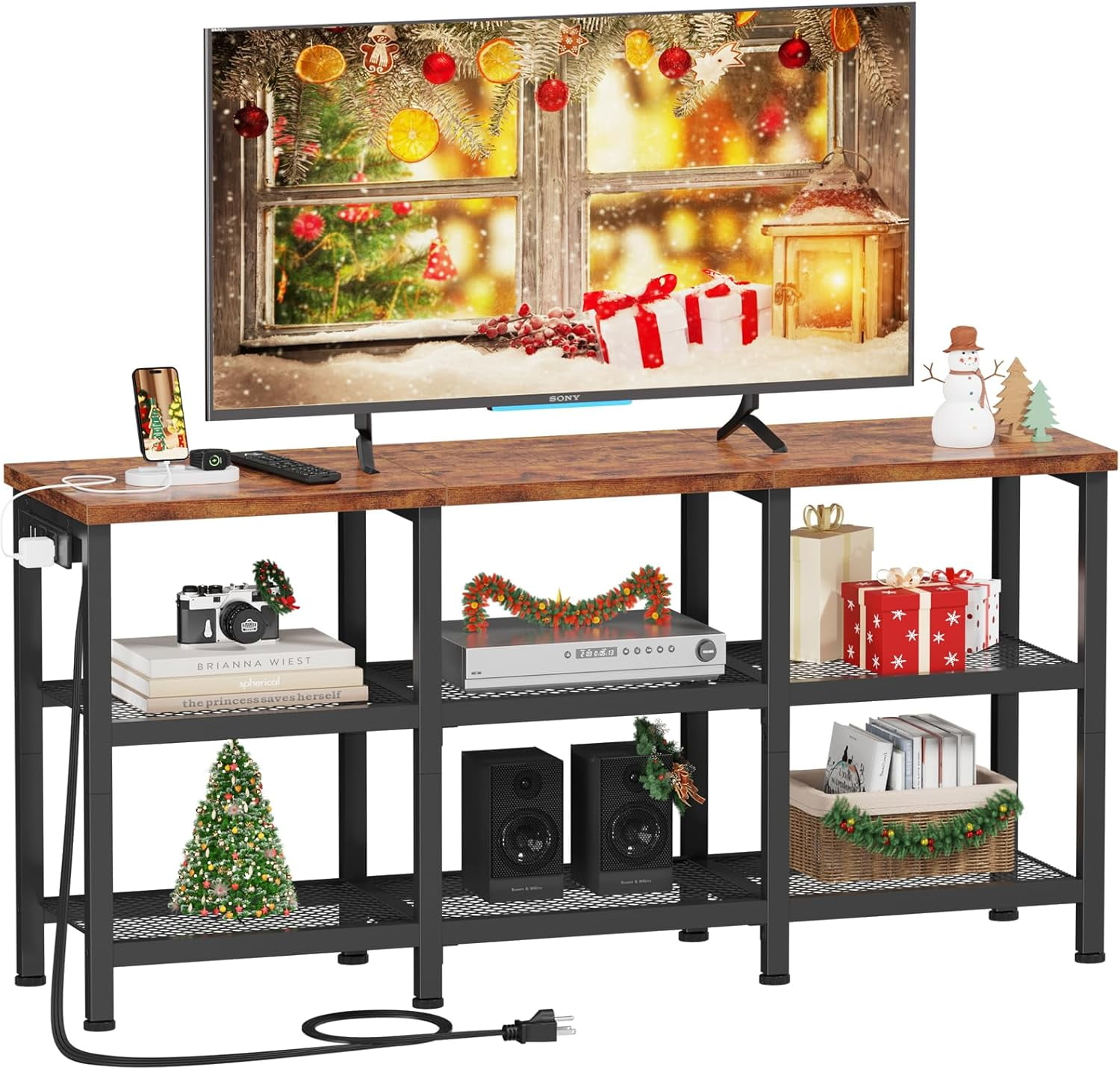 TV Stand with Power Outlets, Small Entertainment Center with Open ...