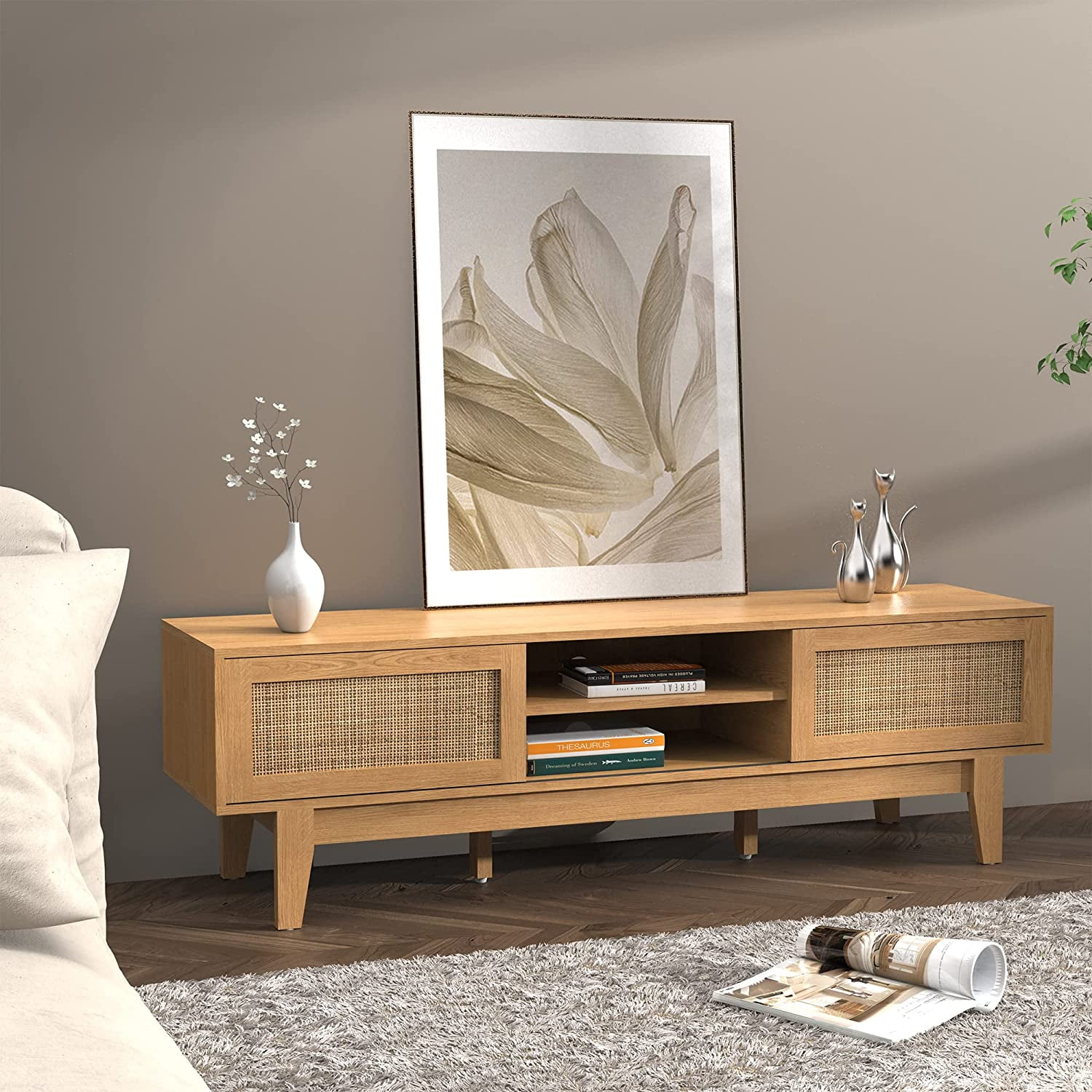 TV Stand with Rattan Sliding Doors, Low Profile Television Stands for ...