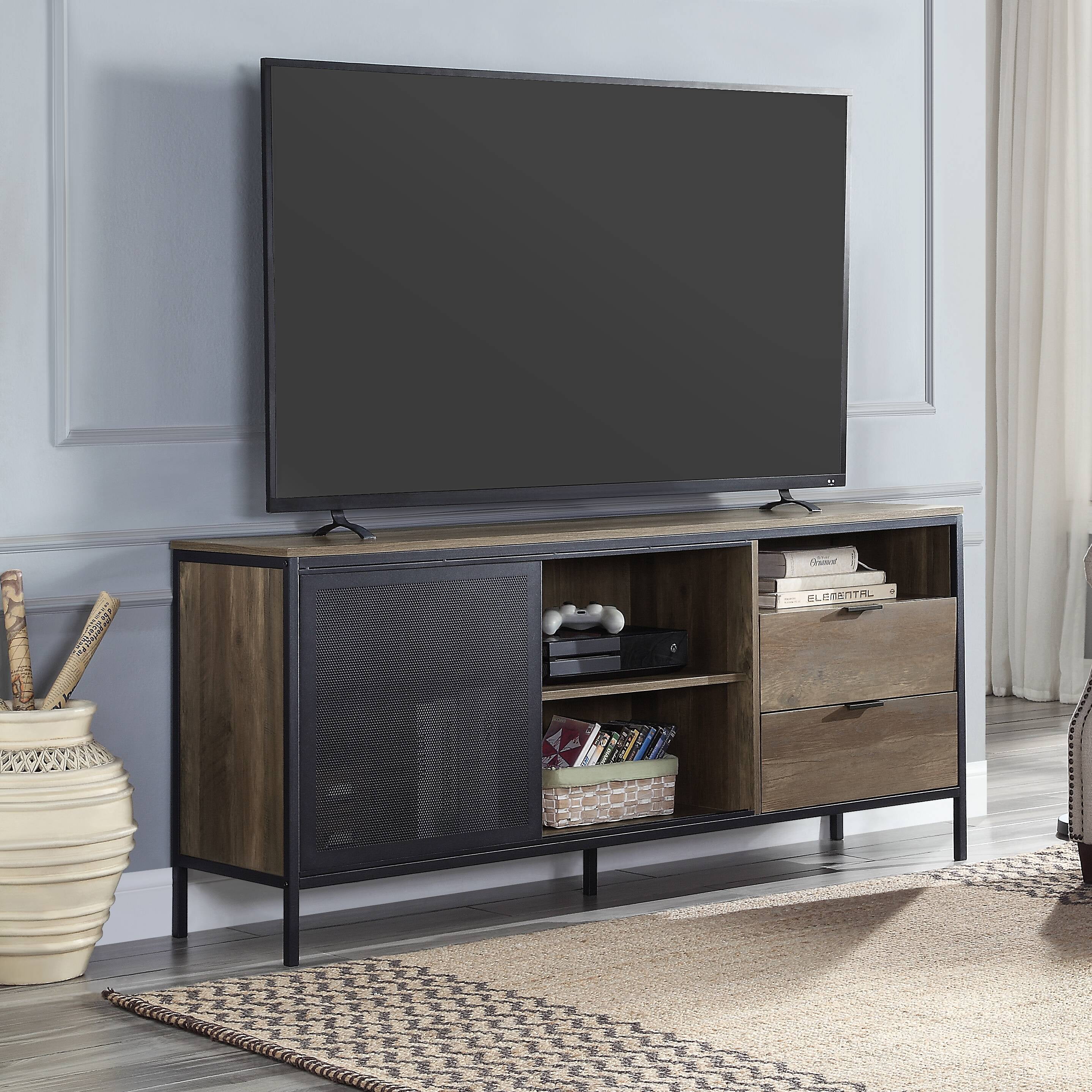 TV Stand Rustic Oak And Black 2-Drawer TV Stand with Sliding Door ...
