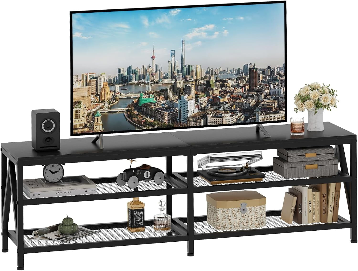TV Stand for TV Up To 70 Inch, Long 63" TV Cabinet with 3-Tier Storage ...