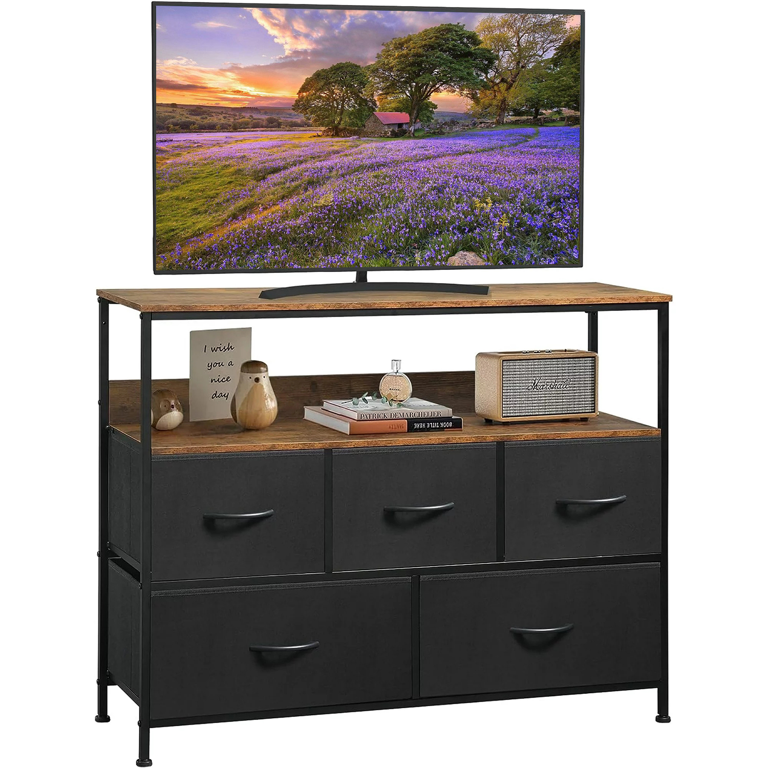 BTMWAY TV Stand for 55 Inches TV, Black High Glossy TV Cabinet with 16 ...