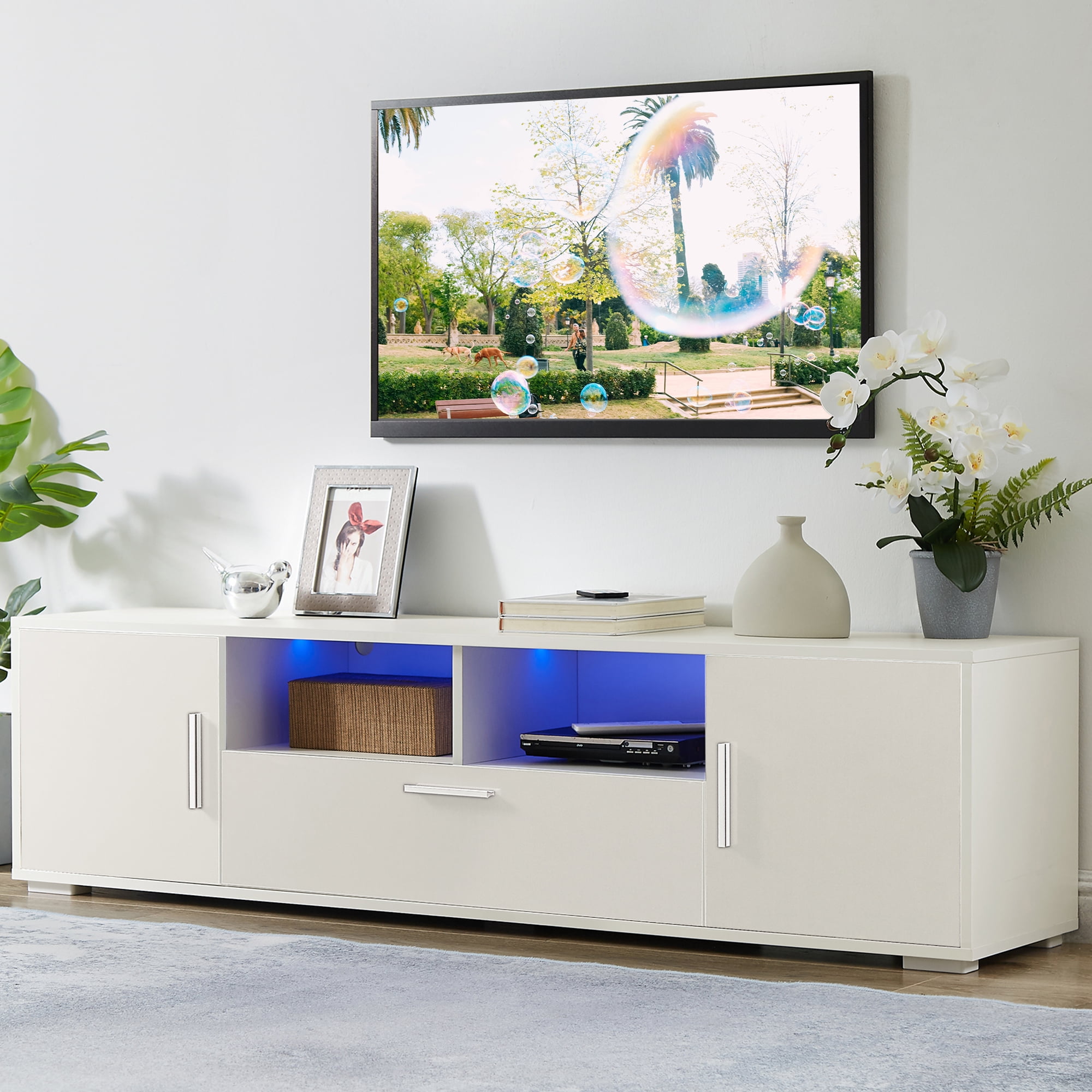 Modern TV Stand for 70'' TVs, High Gloss Entertainment Center with LED ...