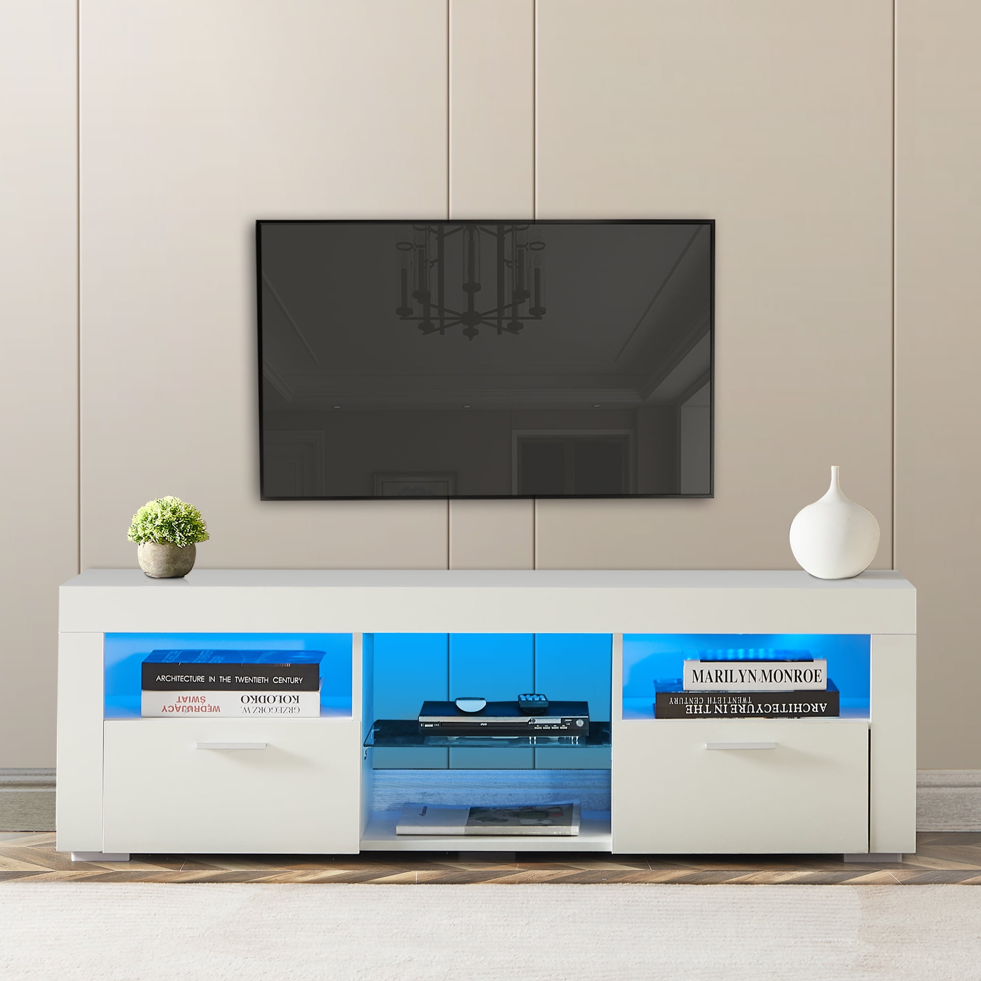 TV Stand White morden TV Stand with LED Lights,high glossy front TV ...