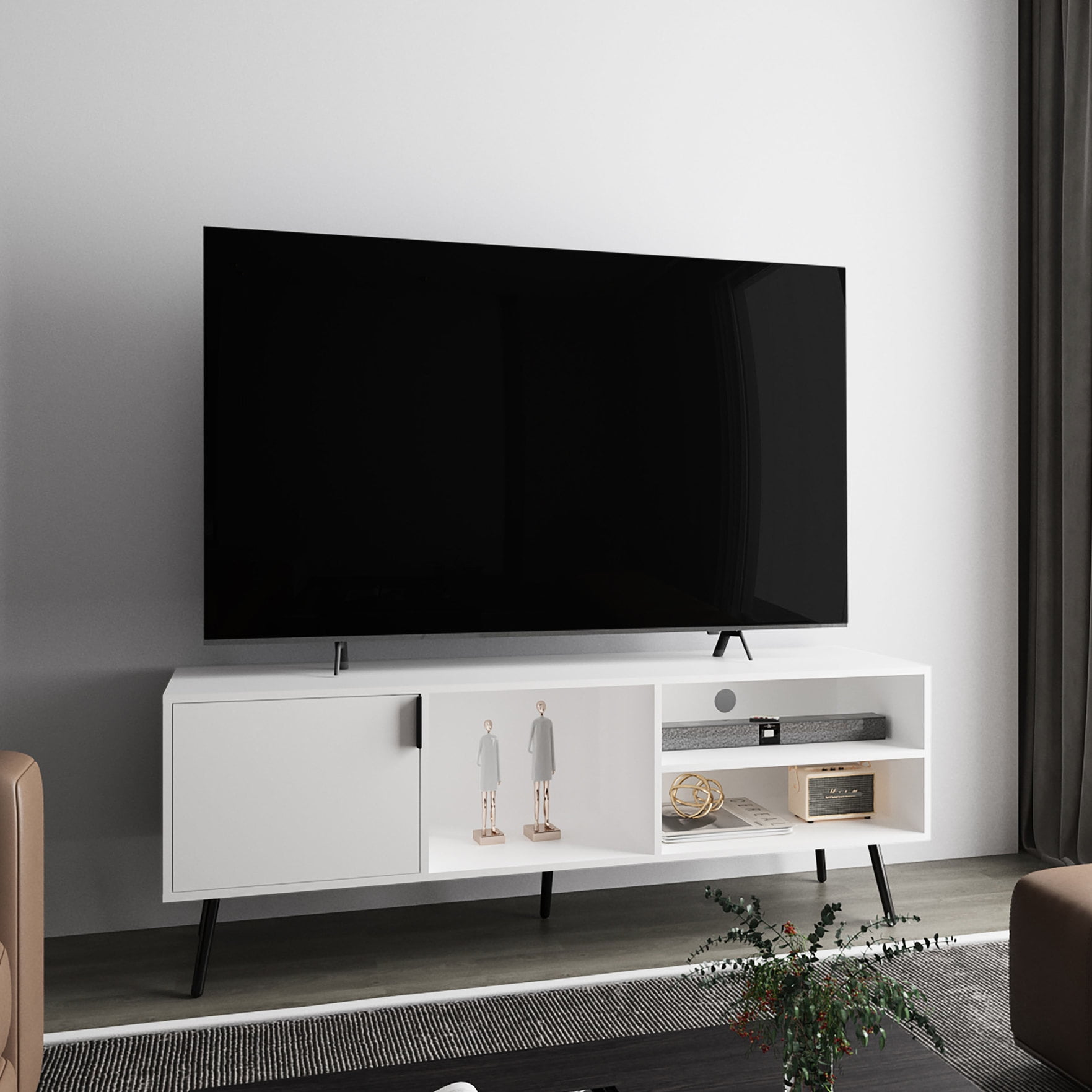 TV Stand, White with 1 Door 3 Shelves - Conceals Remote Controls - For ...