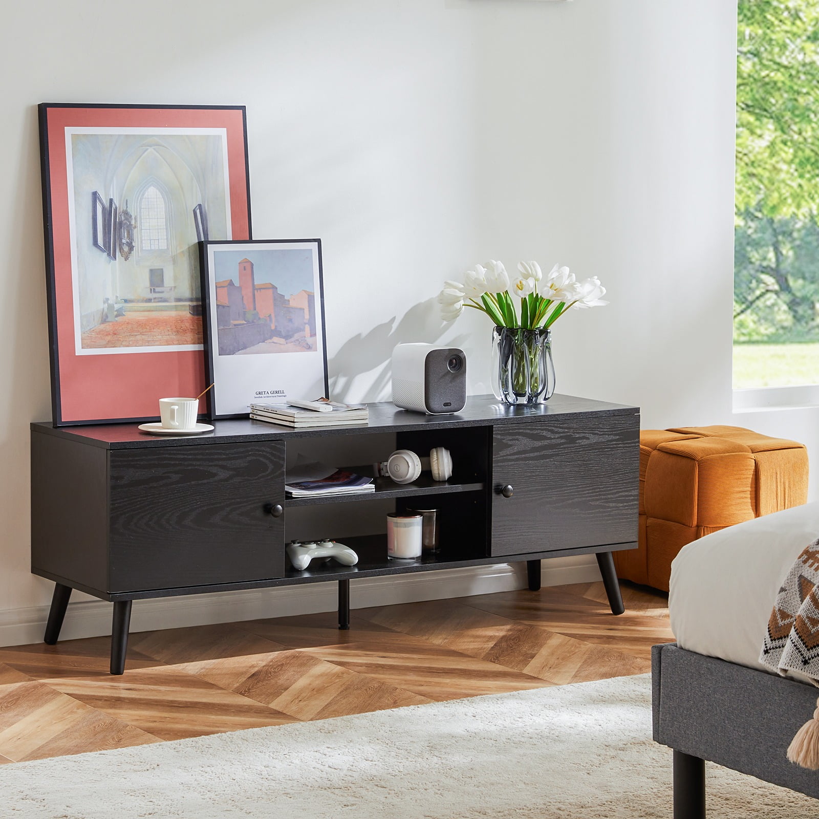 Mid-Century 65-inch TV Stand, Black: TV Console with Entertainment ...