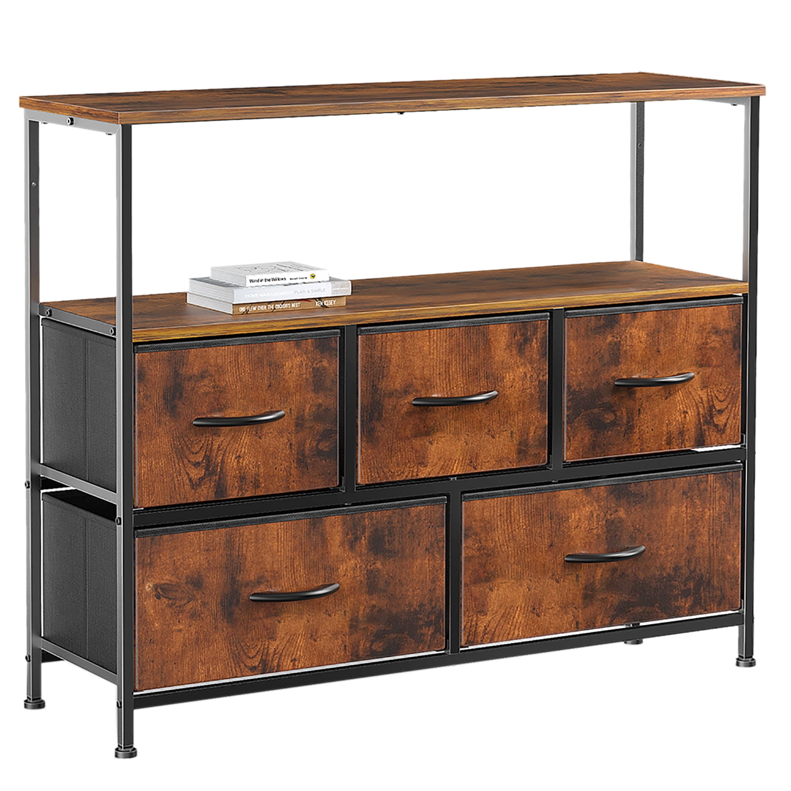 TV Stand With 5 Fabric Drawers And Open Media Center Chest Of Drawers ...