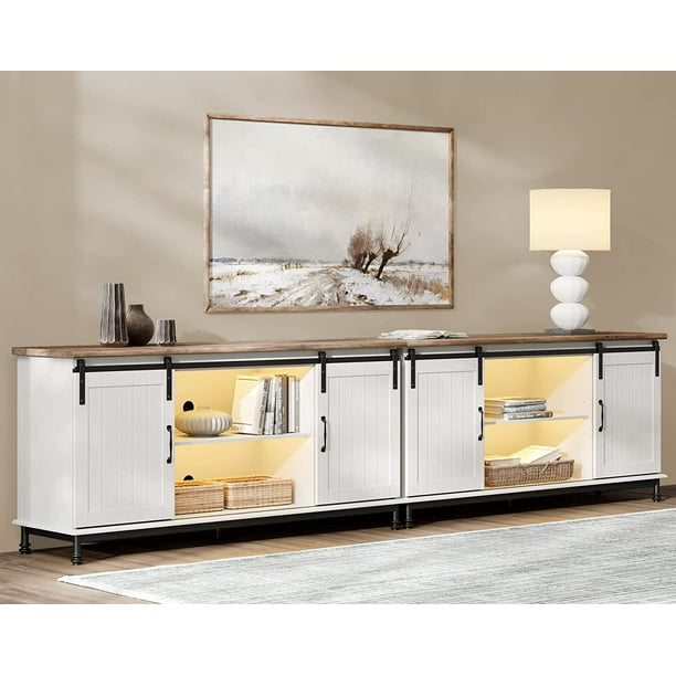 TV Stand for 100 Inch TV with Yellow LED Light, White Entertainment ...