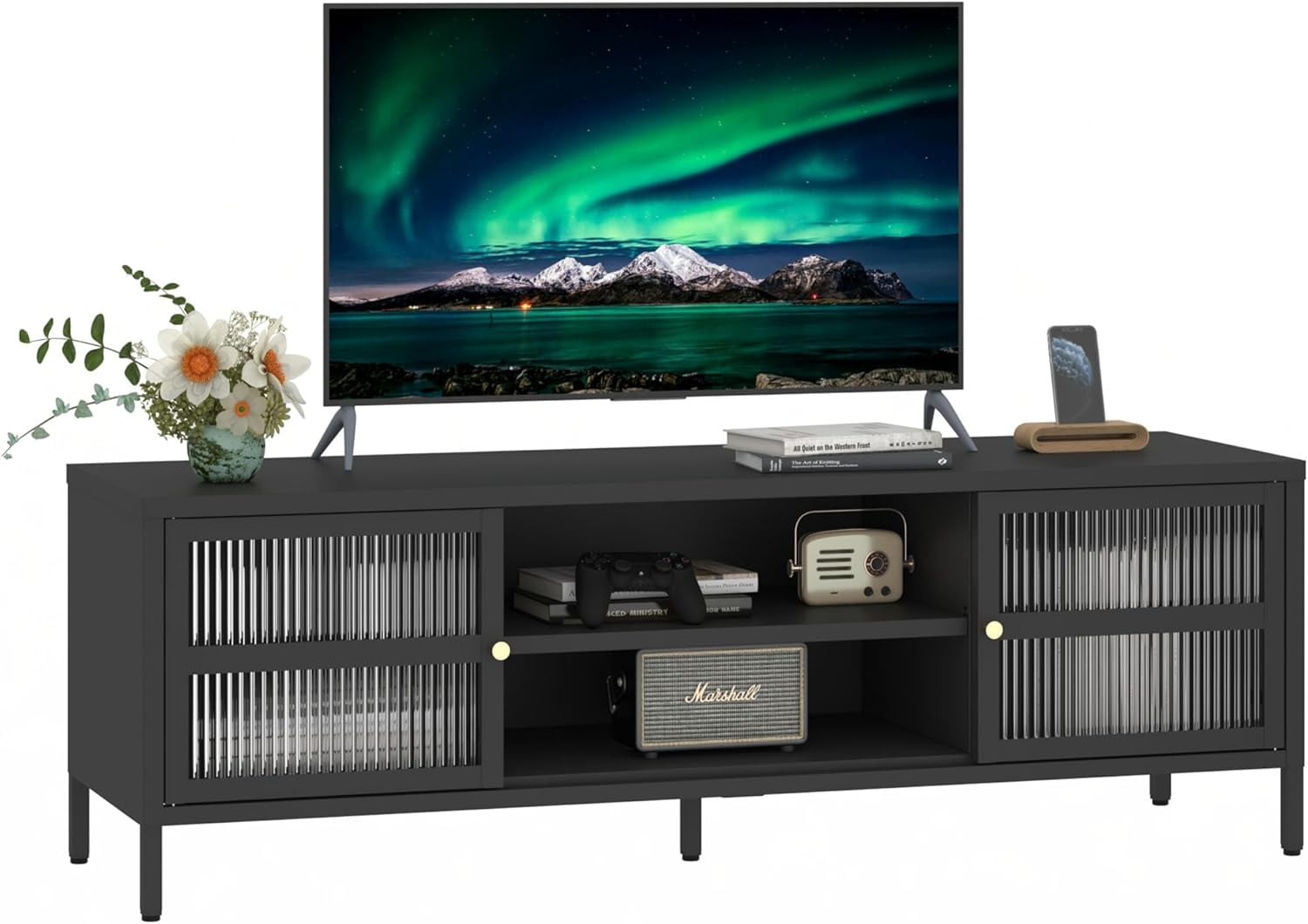 TV Stand for 55 60 inch TV with Glass Door, Metal TV Cabinet Media ...