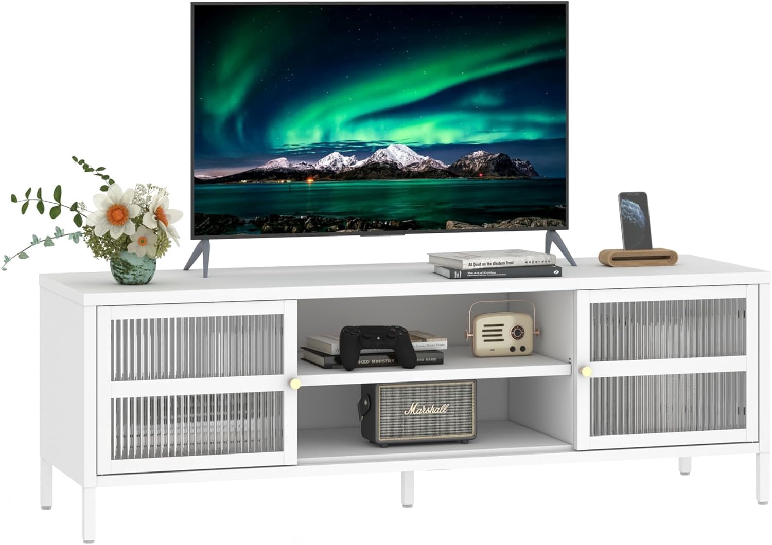 TV Stand for 55 60 inch TV with Glass Door, Metal TV Cabinet Media ...