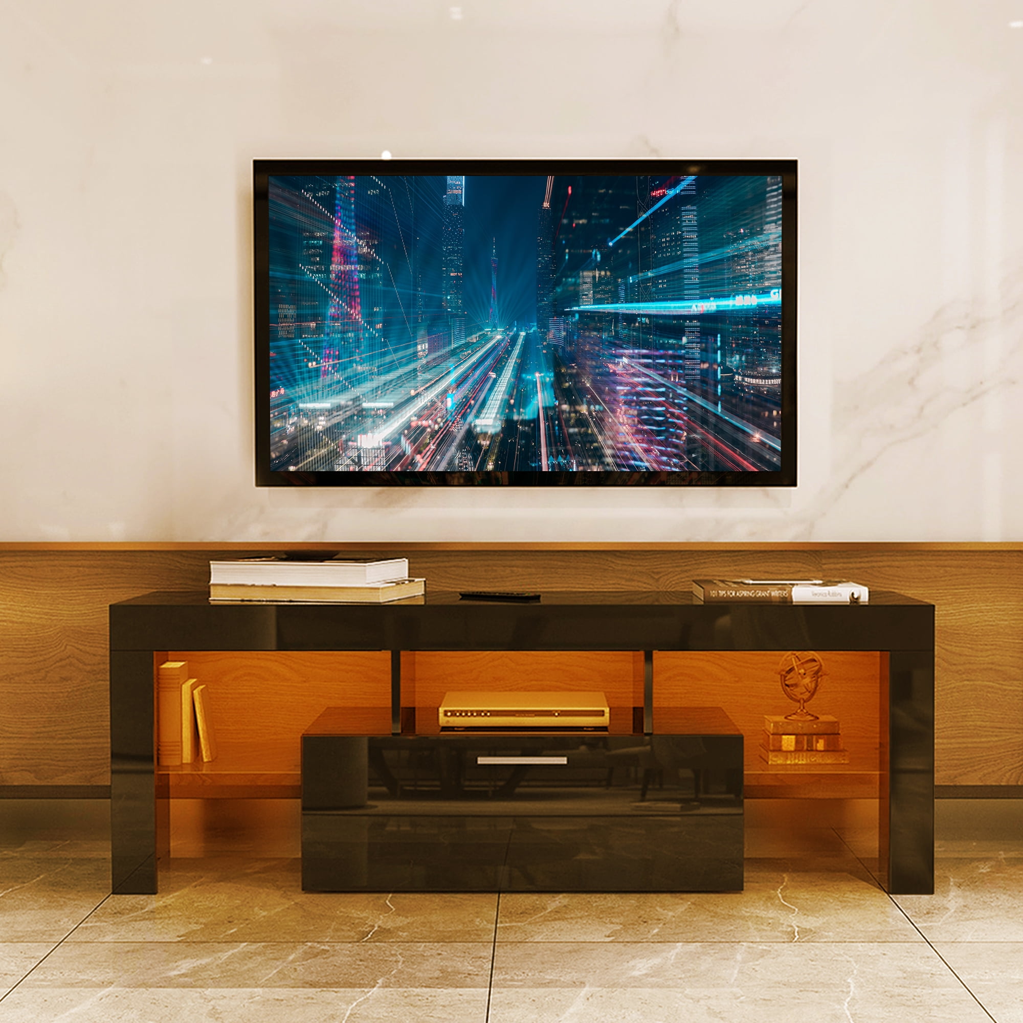 TV Stand for 55 Inch TV,Modern TV Stand with LED Light &Storage Drawer ...