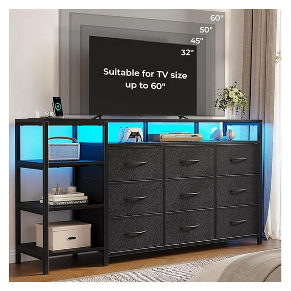 TV Stand for 60 Inch TV, Charging Station & LED Lights, 9 Drawer ...