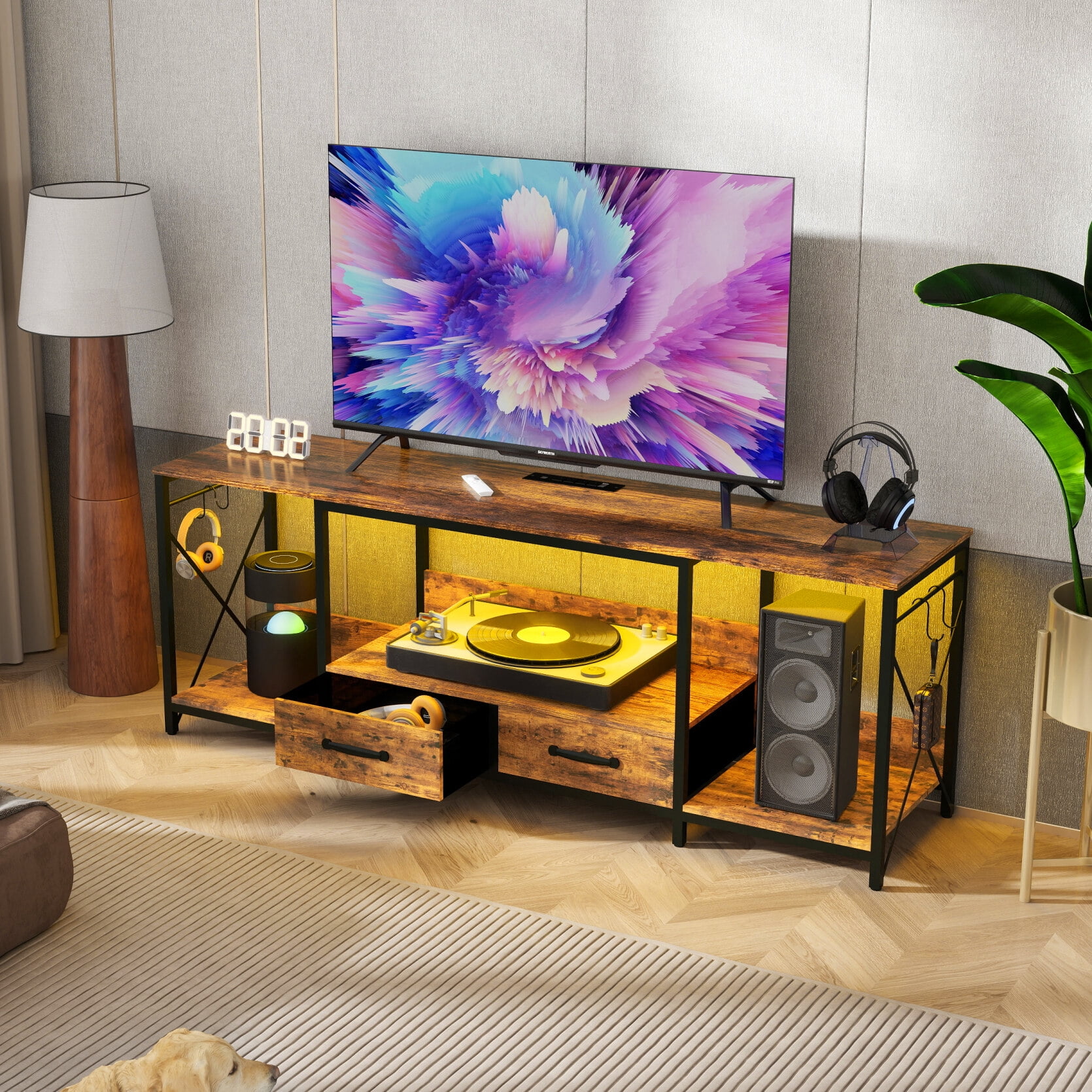 TV Stand for 65-75 Inch TVs with LED Lighting & Power Outlets, Open ...