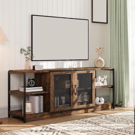 TV Stand for 70 Inch TV, 2 Mesh Doors, Wood Rustic TV Console, 2 Tier ...