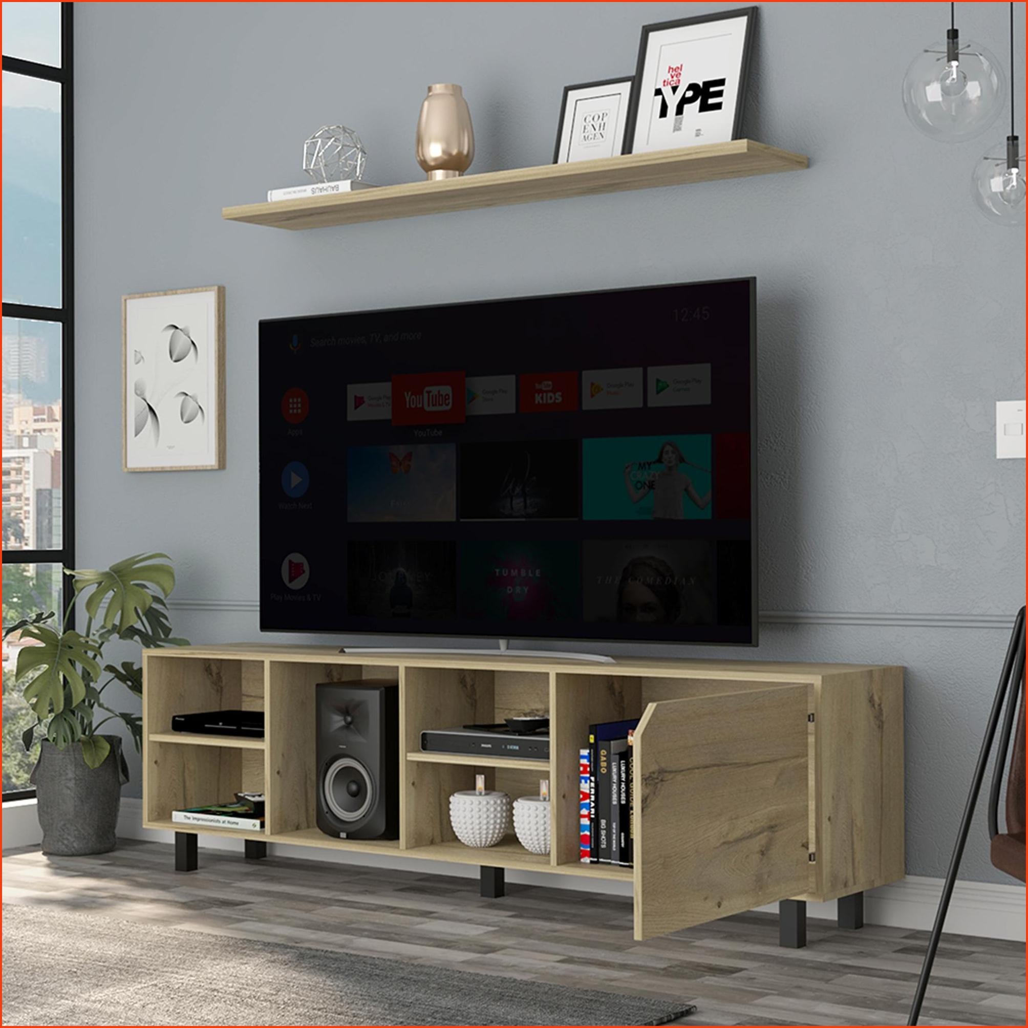 TV Furniture | 70” TV Stand with 4 Open Shelves, Light Oak | Particle ...