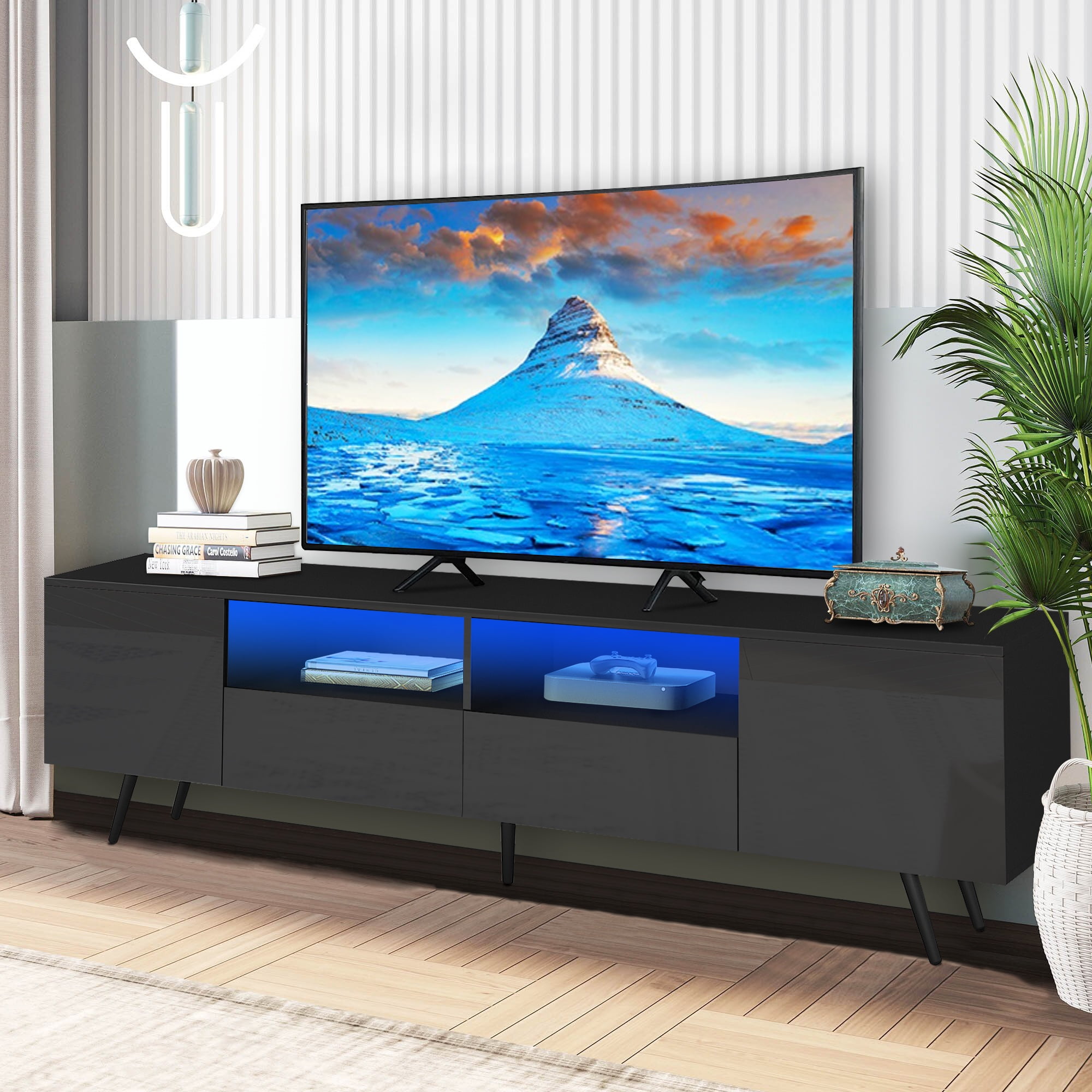 PAPROOS High-Gloss LED TV Stand for Living Room, 75 inch Black Media ...