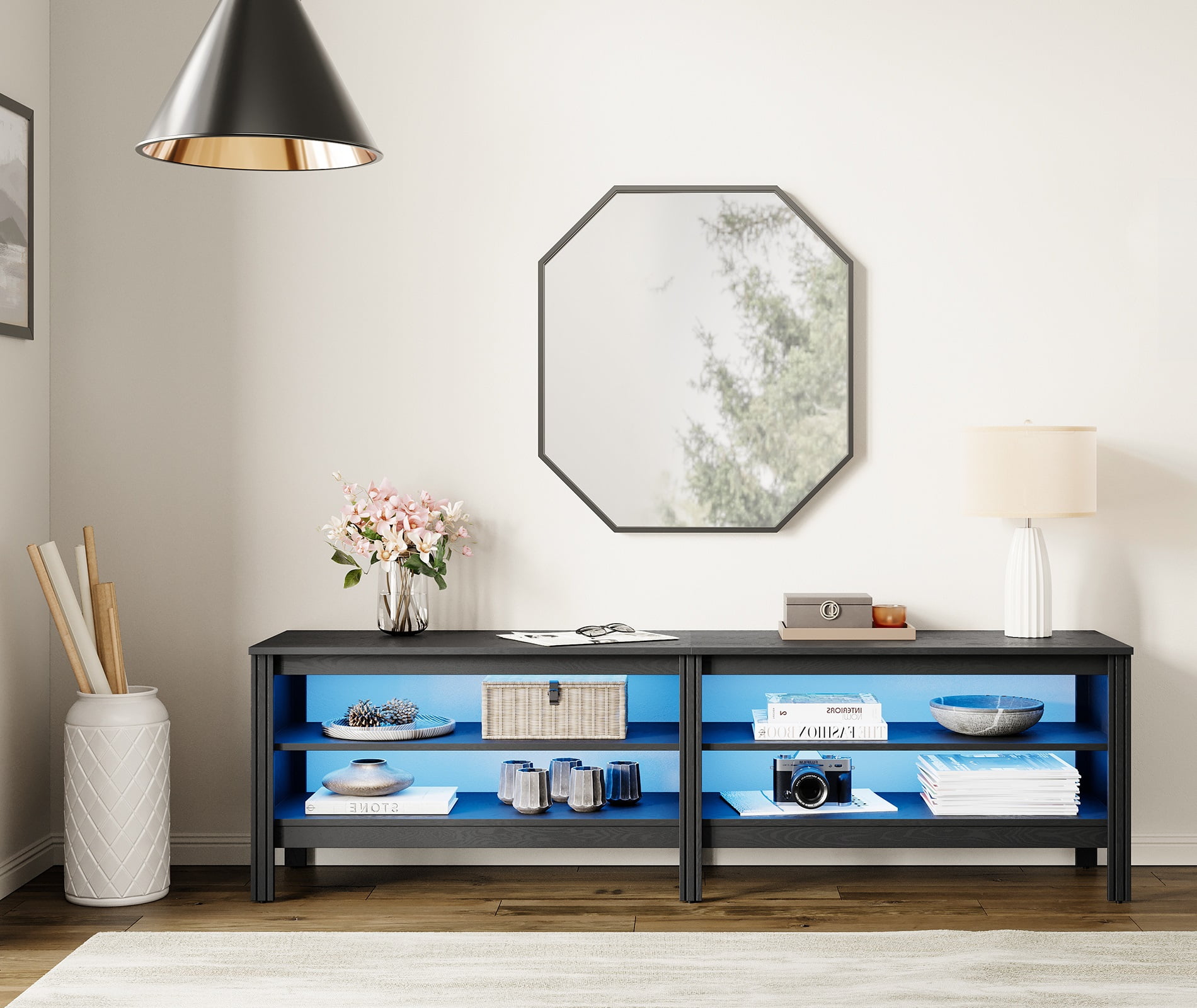 TV Stand for 75 inches Flat Screen, LED Wood Media Console Storage ...