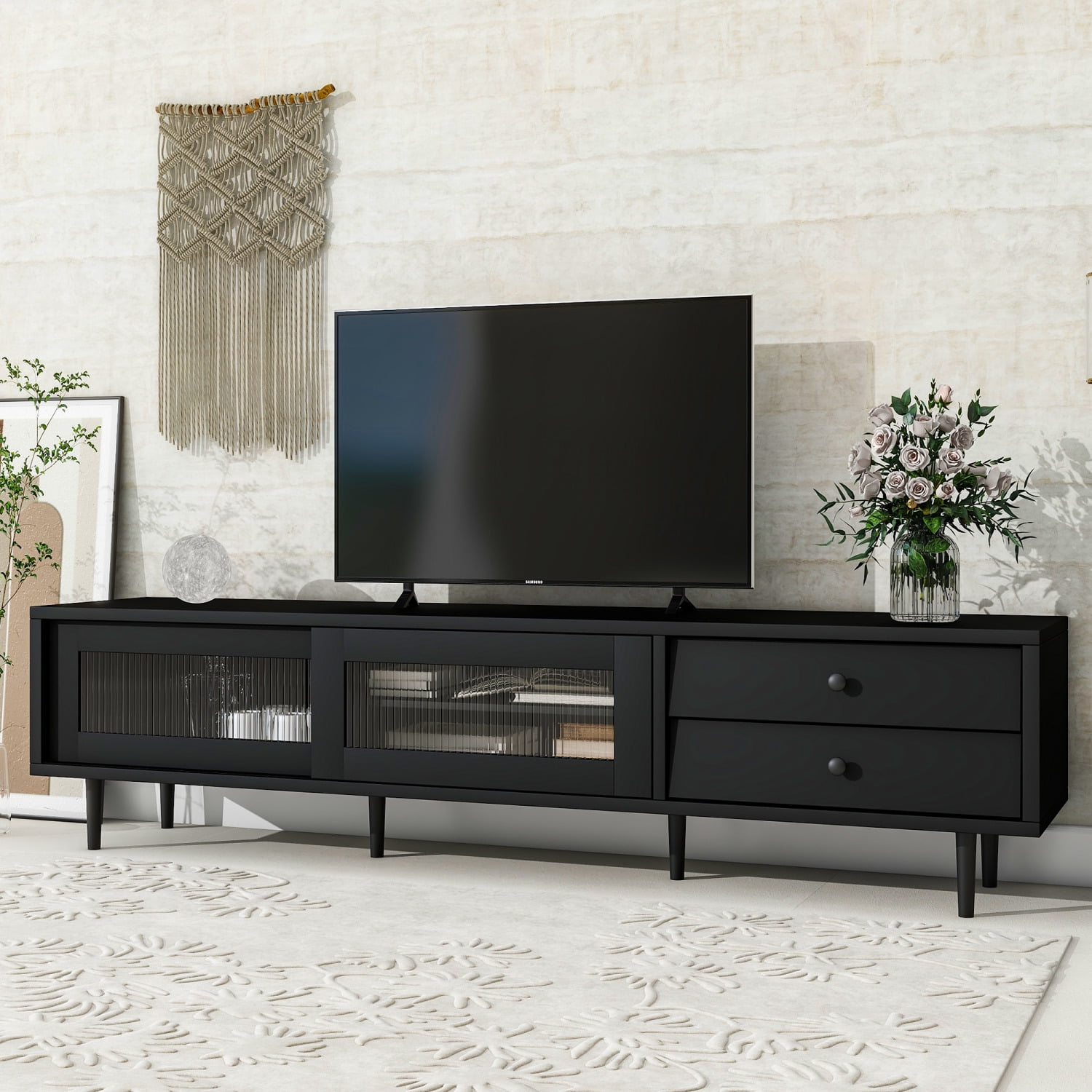 TV Stand for 75 inches TV with Sliding Fluted Glass Doors, Media ...