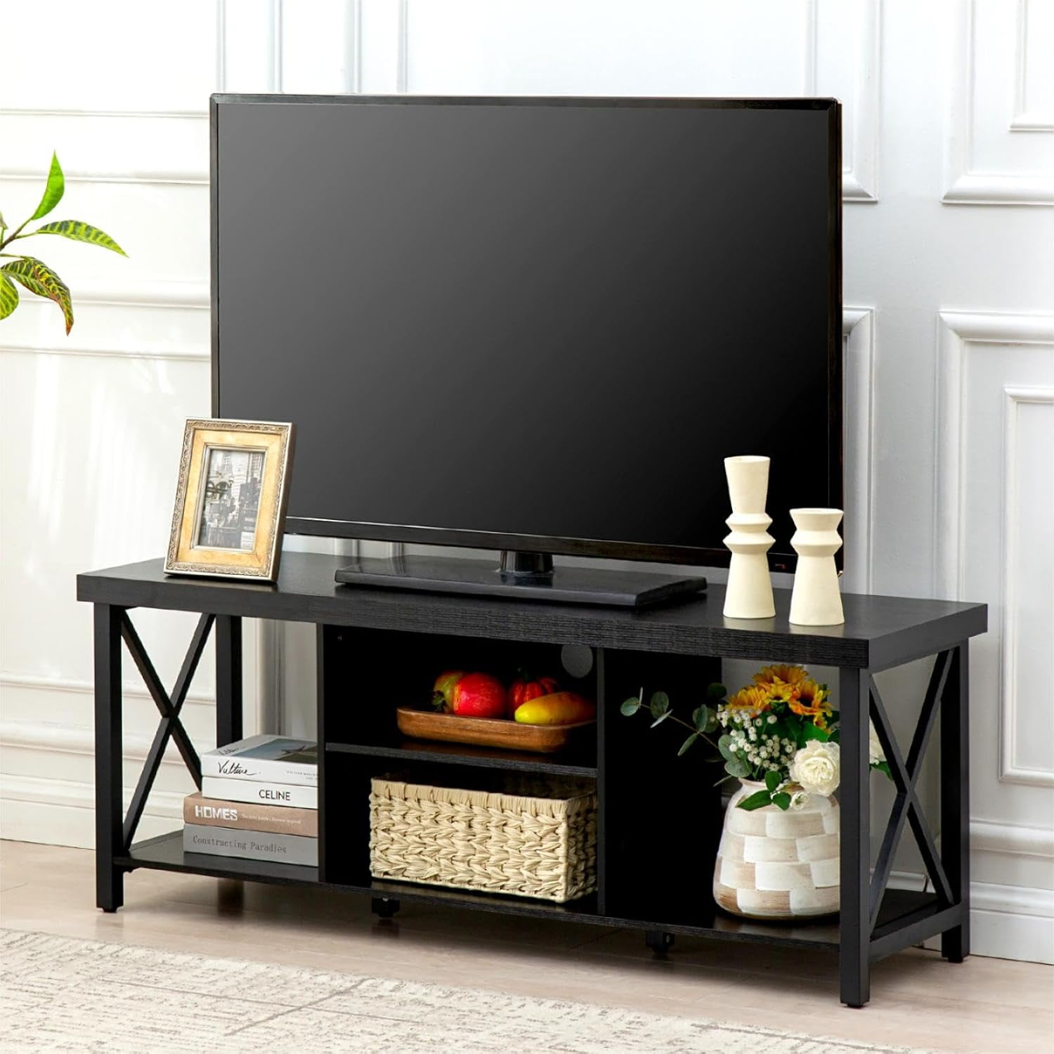 TV Stand for TV up to 55 Inches, TV Cabinet with Open Storage, TV Console Unit with Shelving for ...