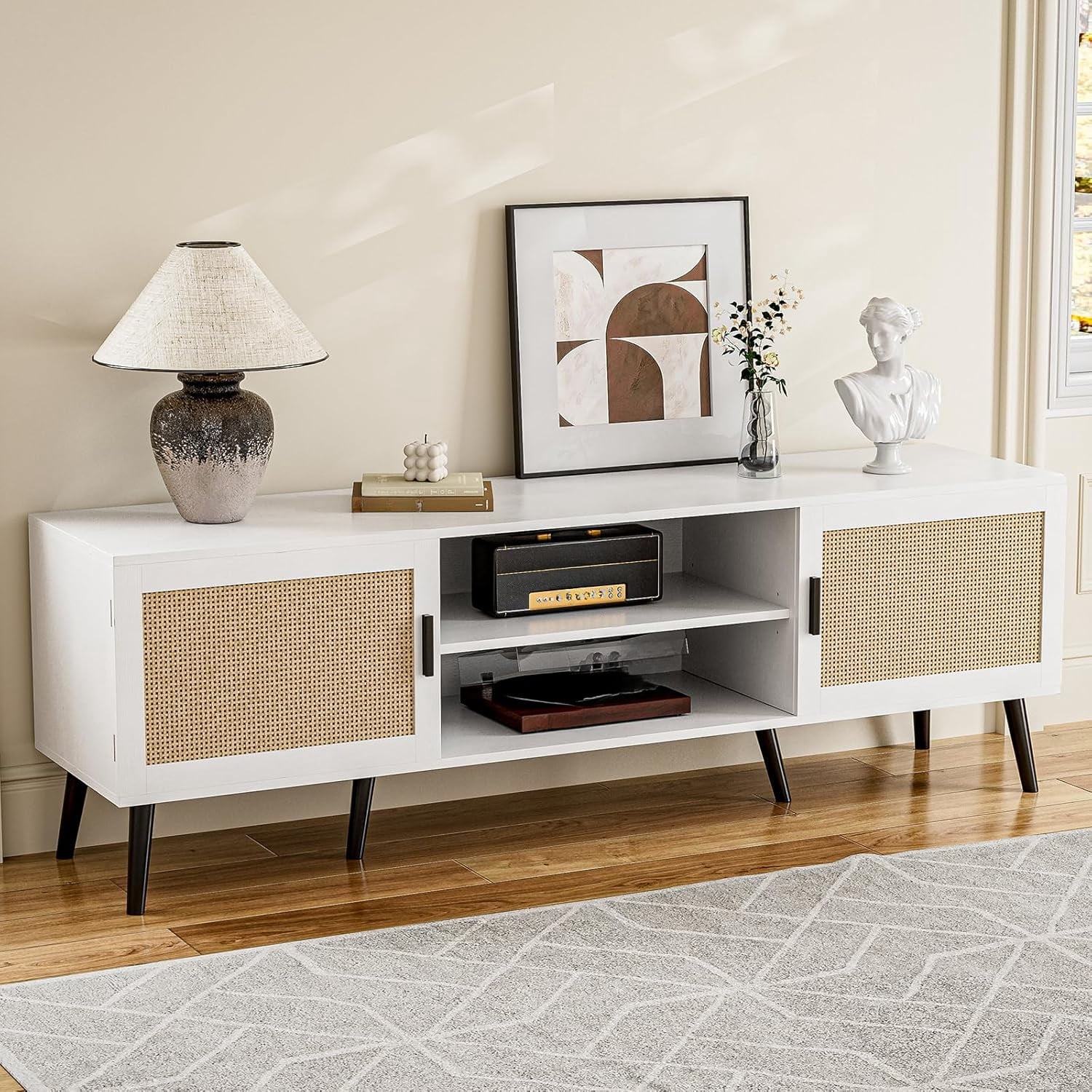 TV Stand for TVs up to 65'', Entertainment Center With Rattan Door ...
