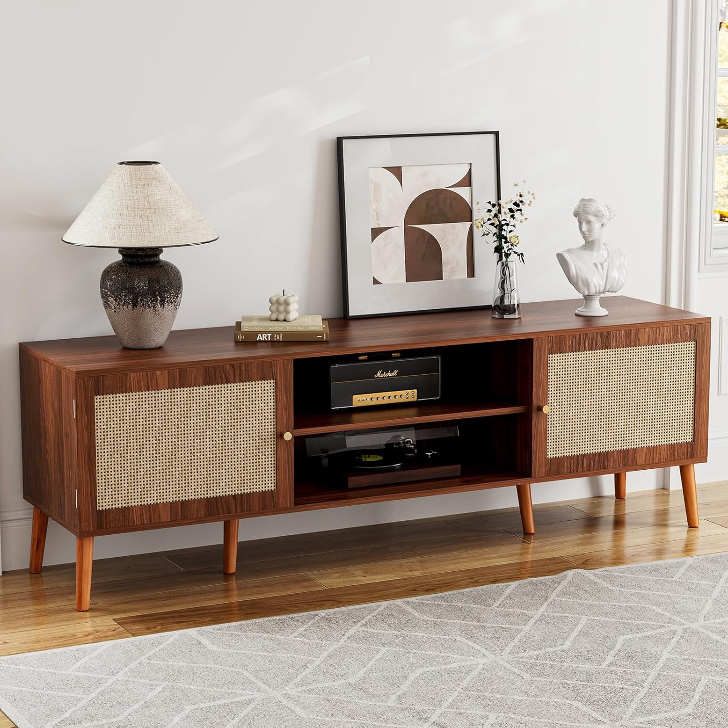 TV Stand for TVs up to 65'', Entertainment Center With Rattan Door ...