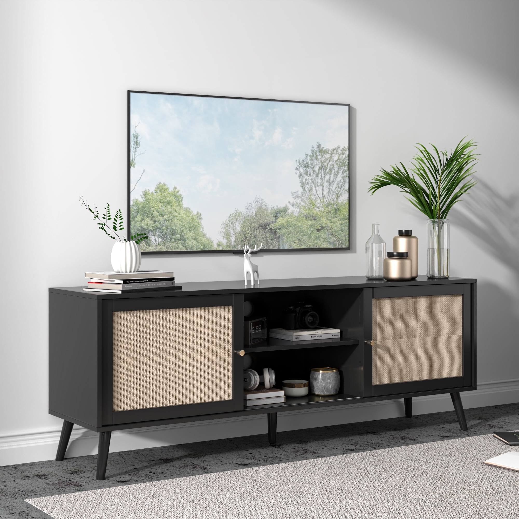 Oubayajia Rattan TV Stand, Boho Media Cabinet with Sliding Doors ...