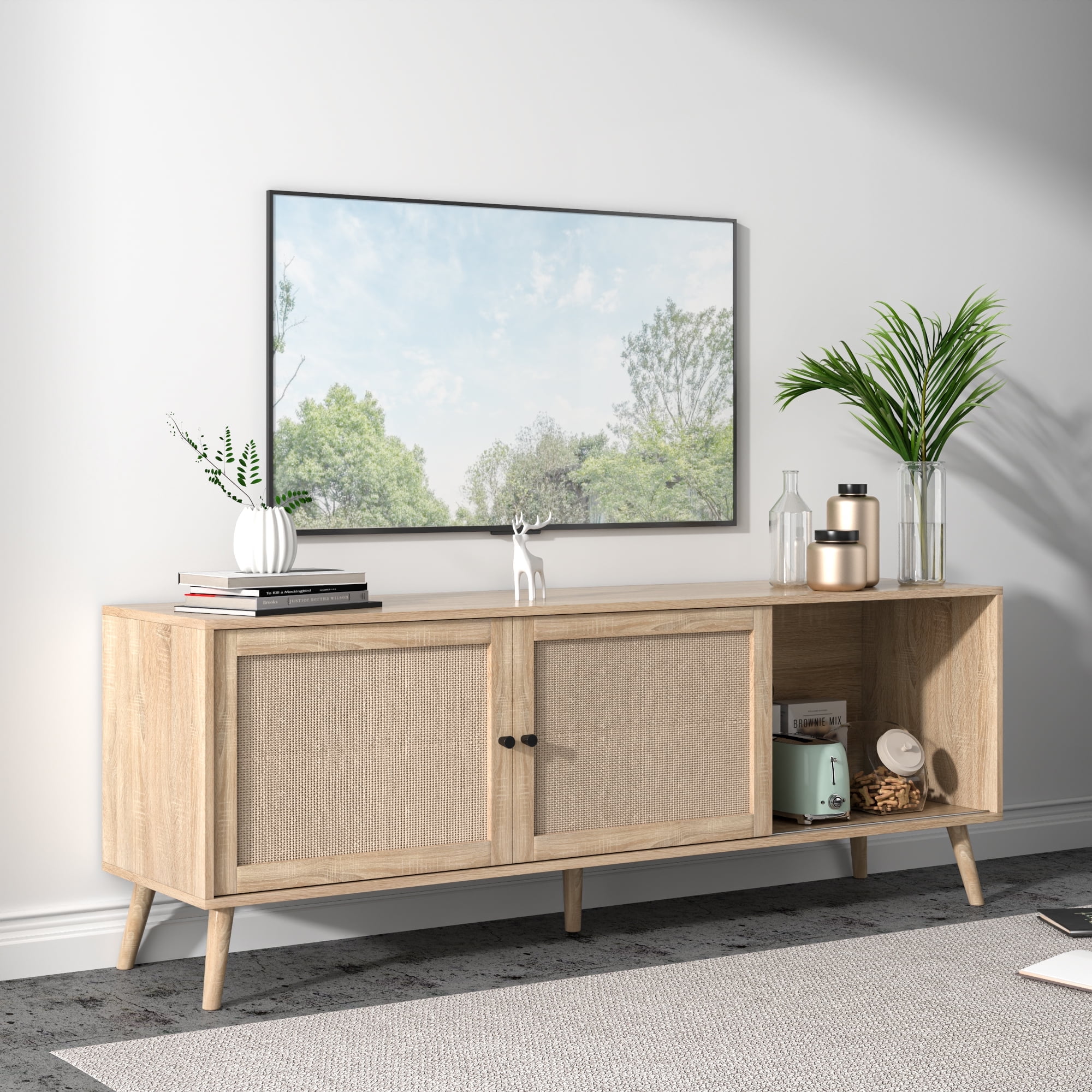 TV Stand for TVs up to 75'', Boho TV Console with Rattan Door, Shelves ...