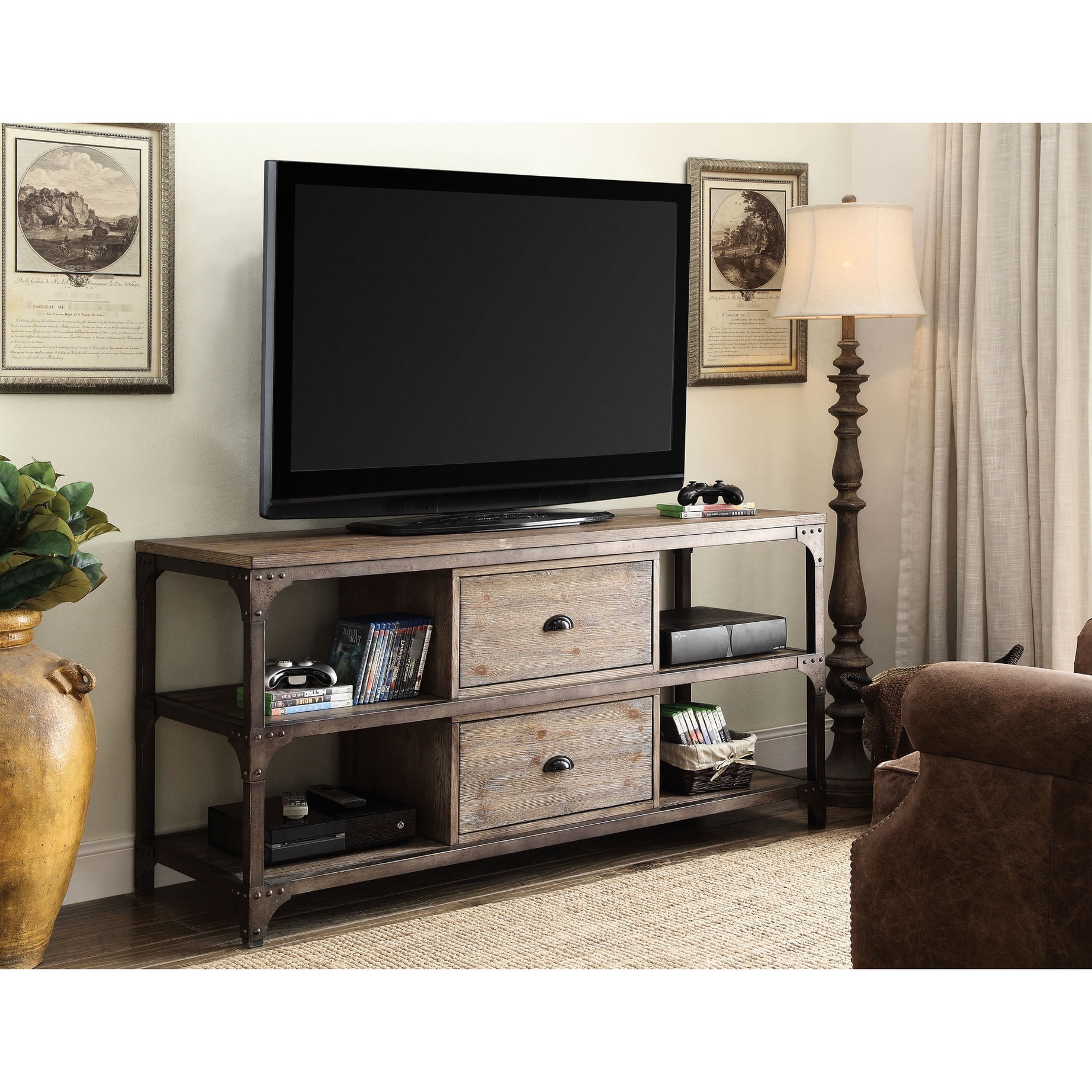 TV Stand with 2 Drawers and 4 Open Compartments - Metal and Wood, 55 ...