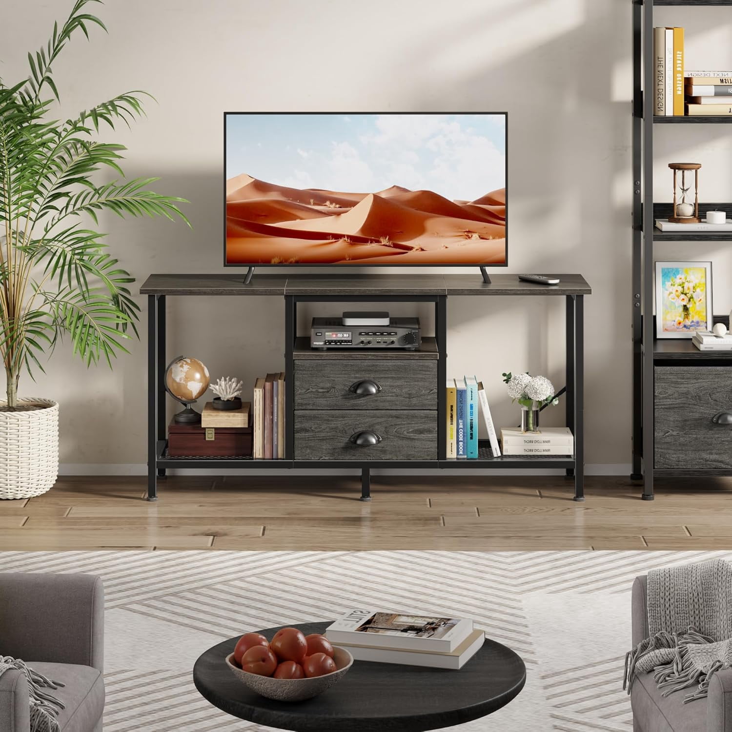 TV Stand with 2 Fabric Drawers, 43 Inch Entertainment Center with Open ...